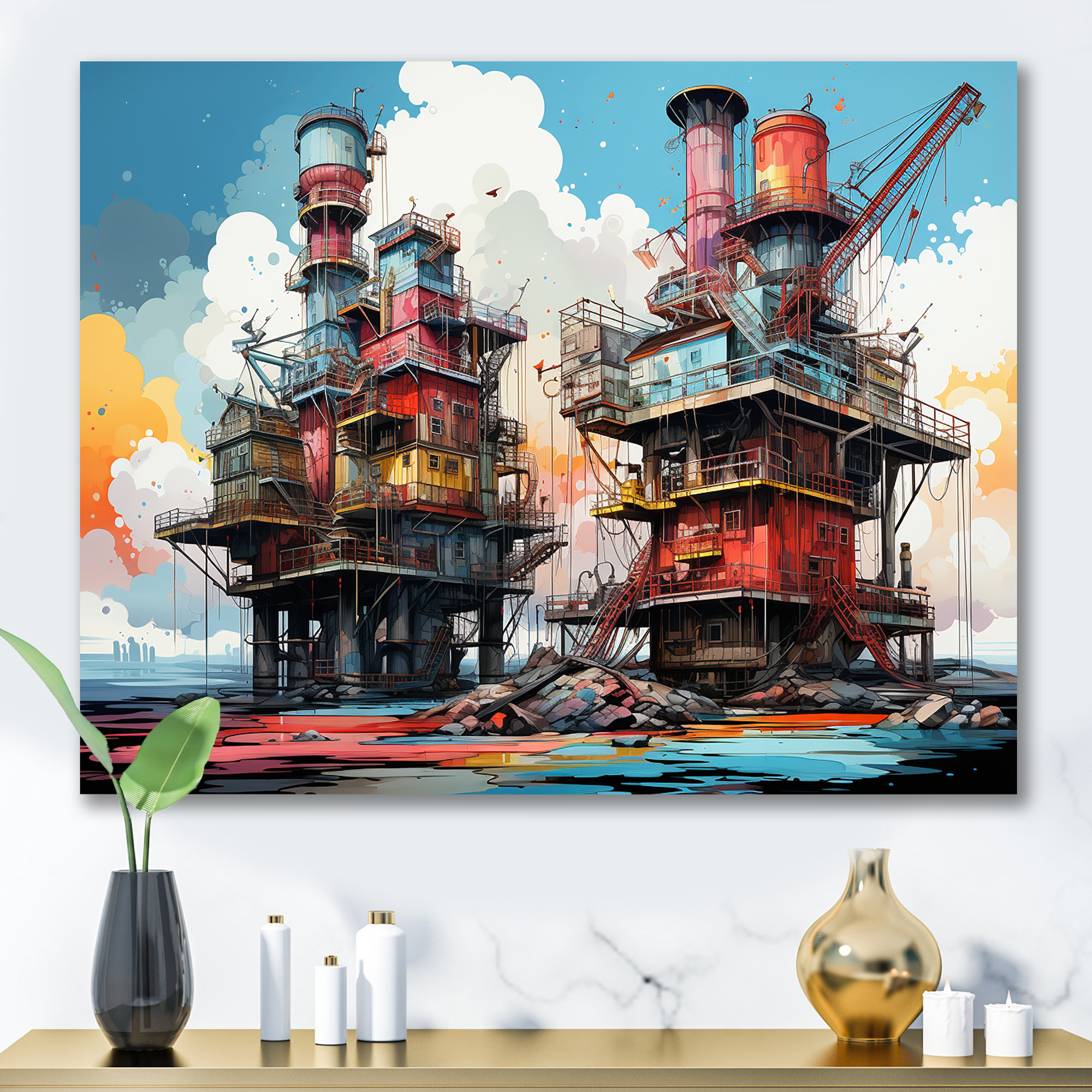 Design Art Abstract Red And Blue Oil Rigs Fields I On Canvas Print ...