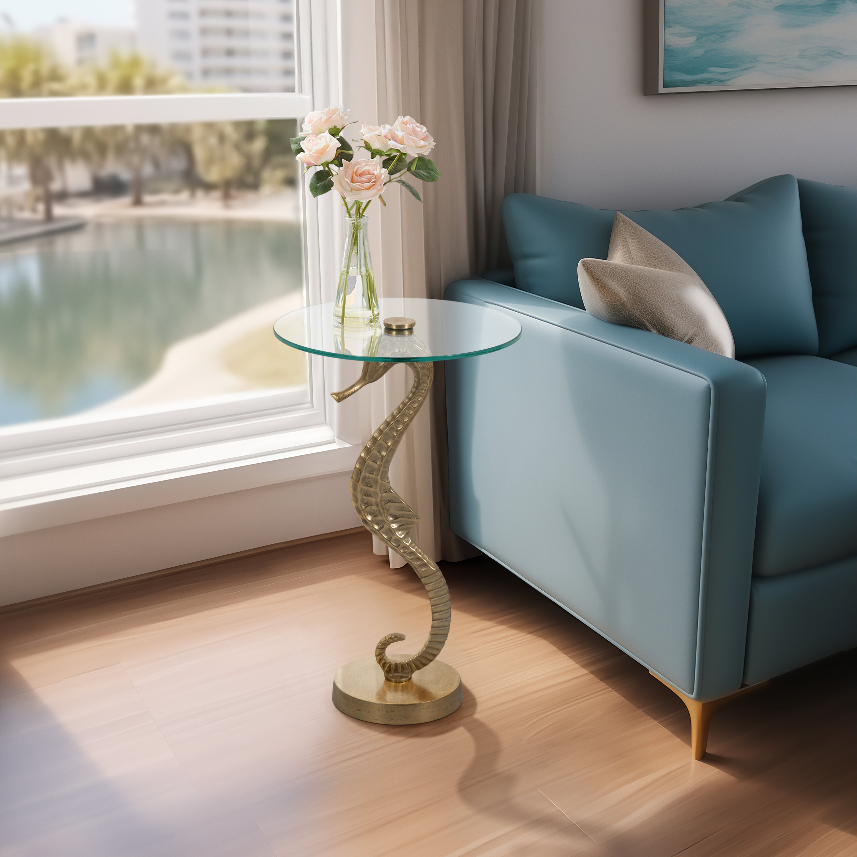 Beachcrest Home™ Artistic Metal and Glass Accent Table with Sculptural Aluminum Seahorse Base ...