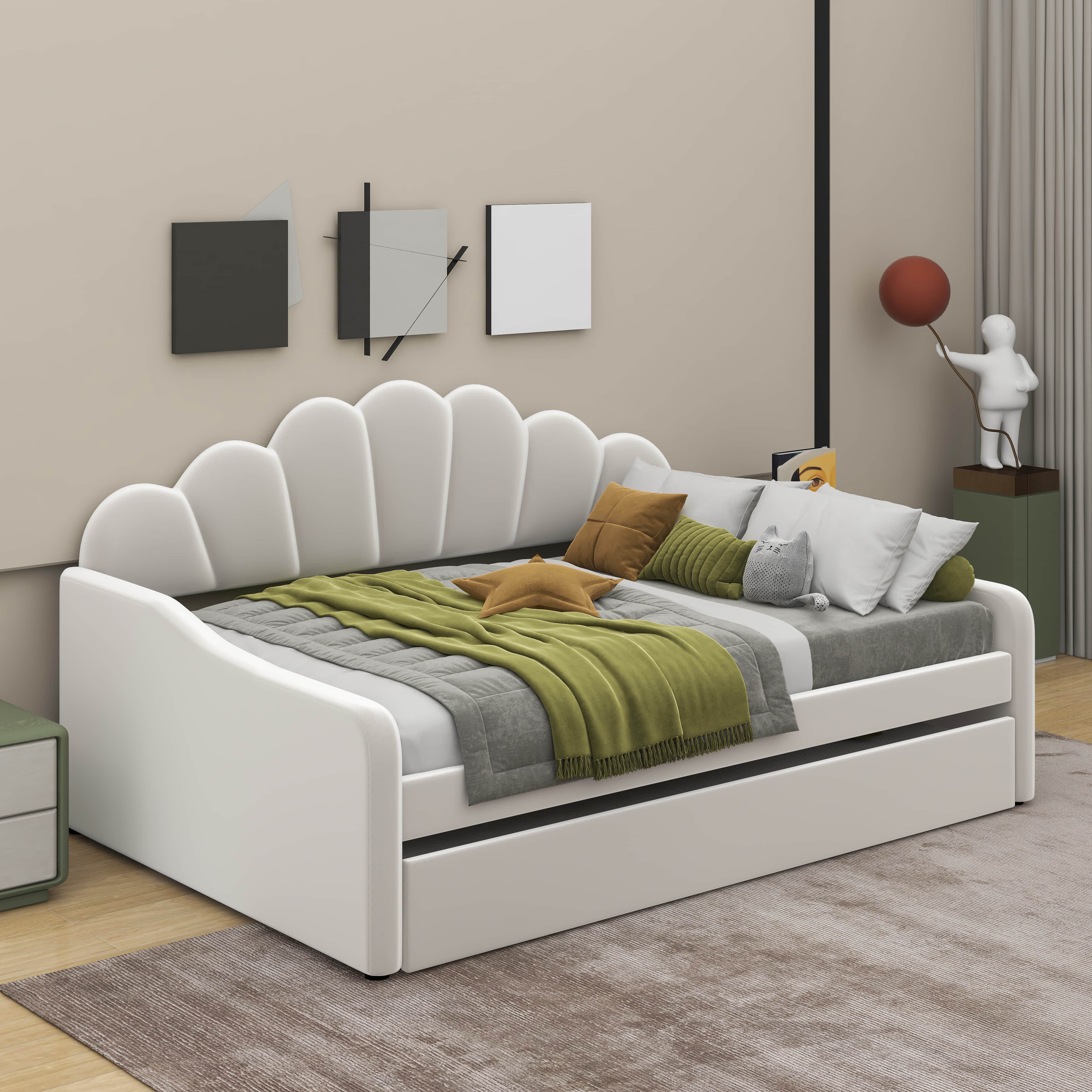 Mercer41 Full Upholstery Daybed Frame With Shall Shaped Backrest And ...