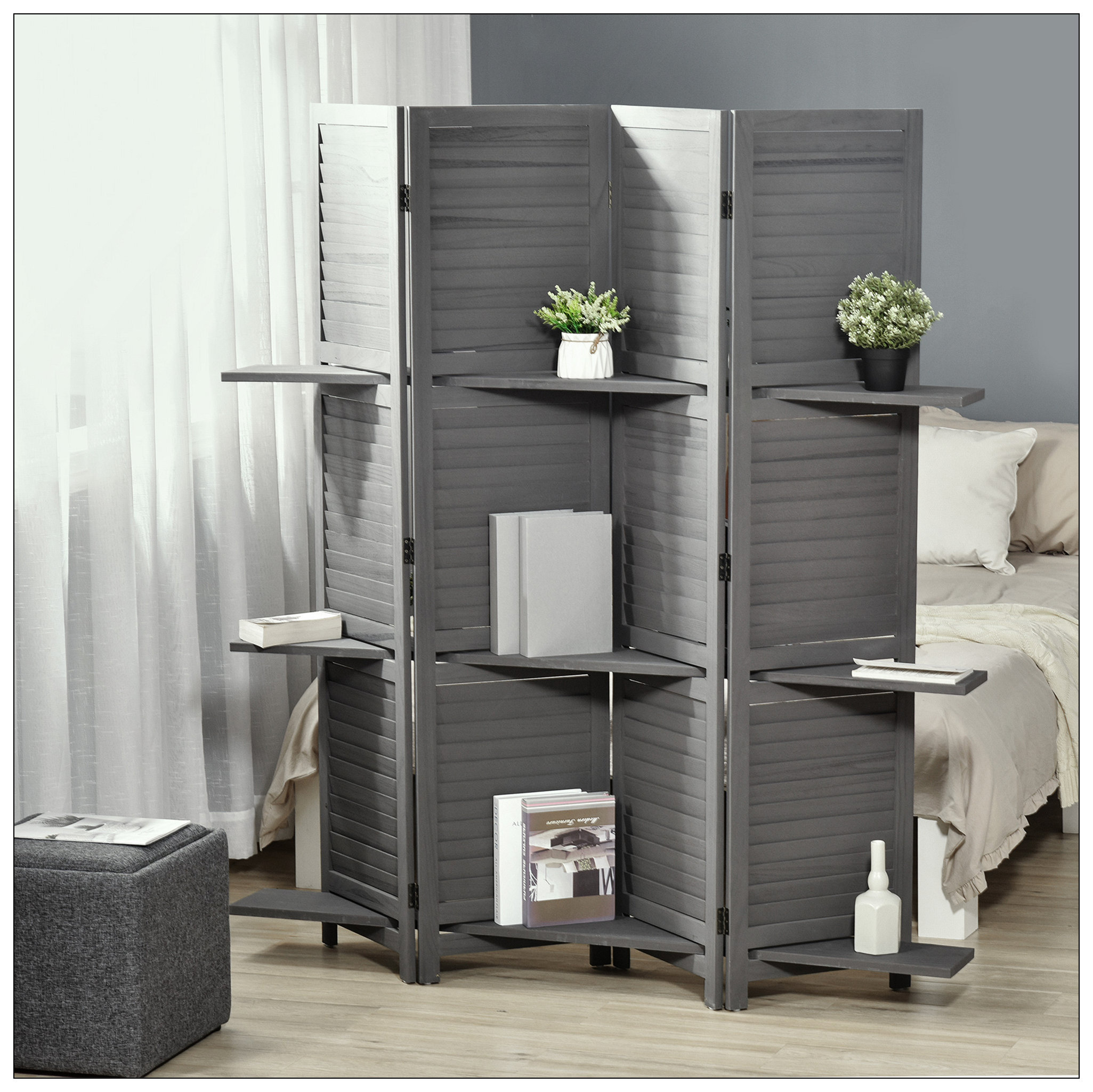 REDmintss 4-Panel Folding Room Divider With Storage Shelves ...