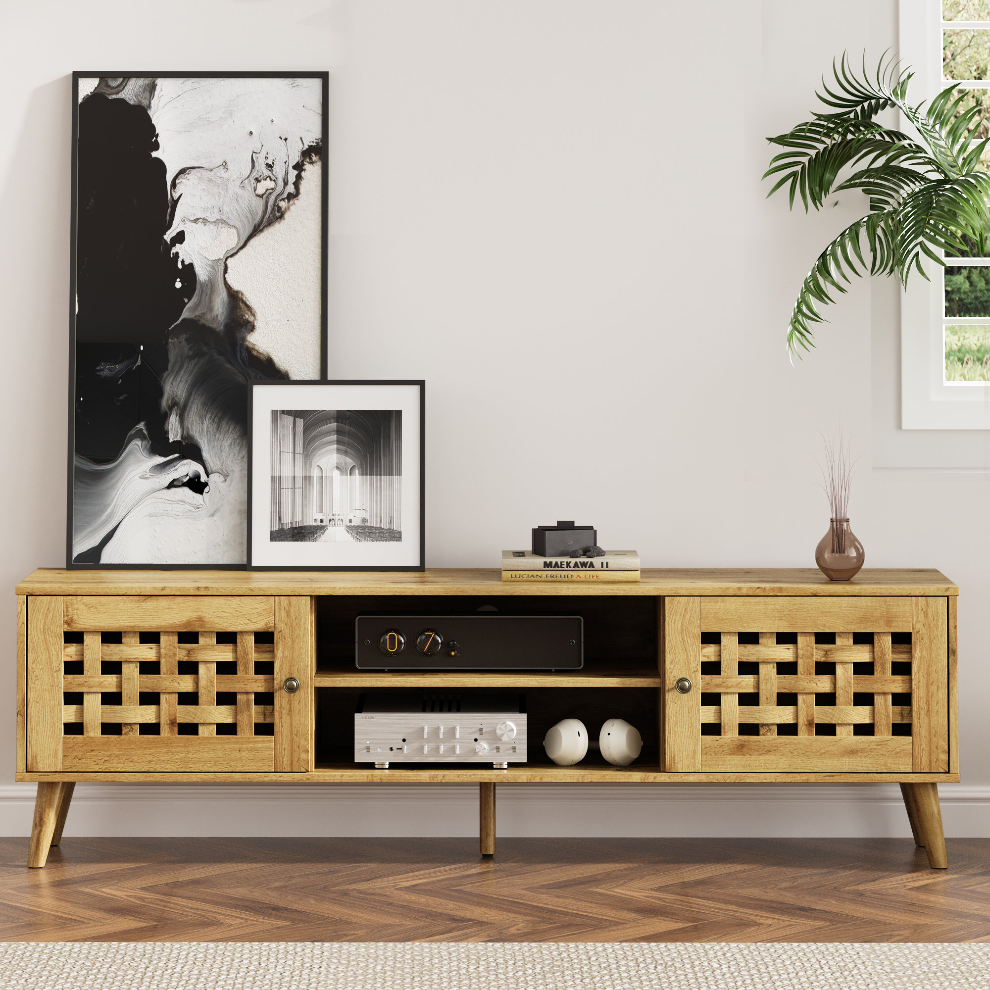 Blue Elephant Zofia Vintage 63'' Tv Stand With Basket Weave Wooden Door ...