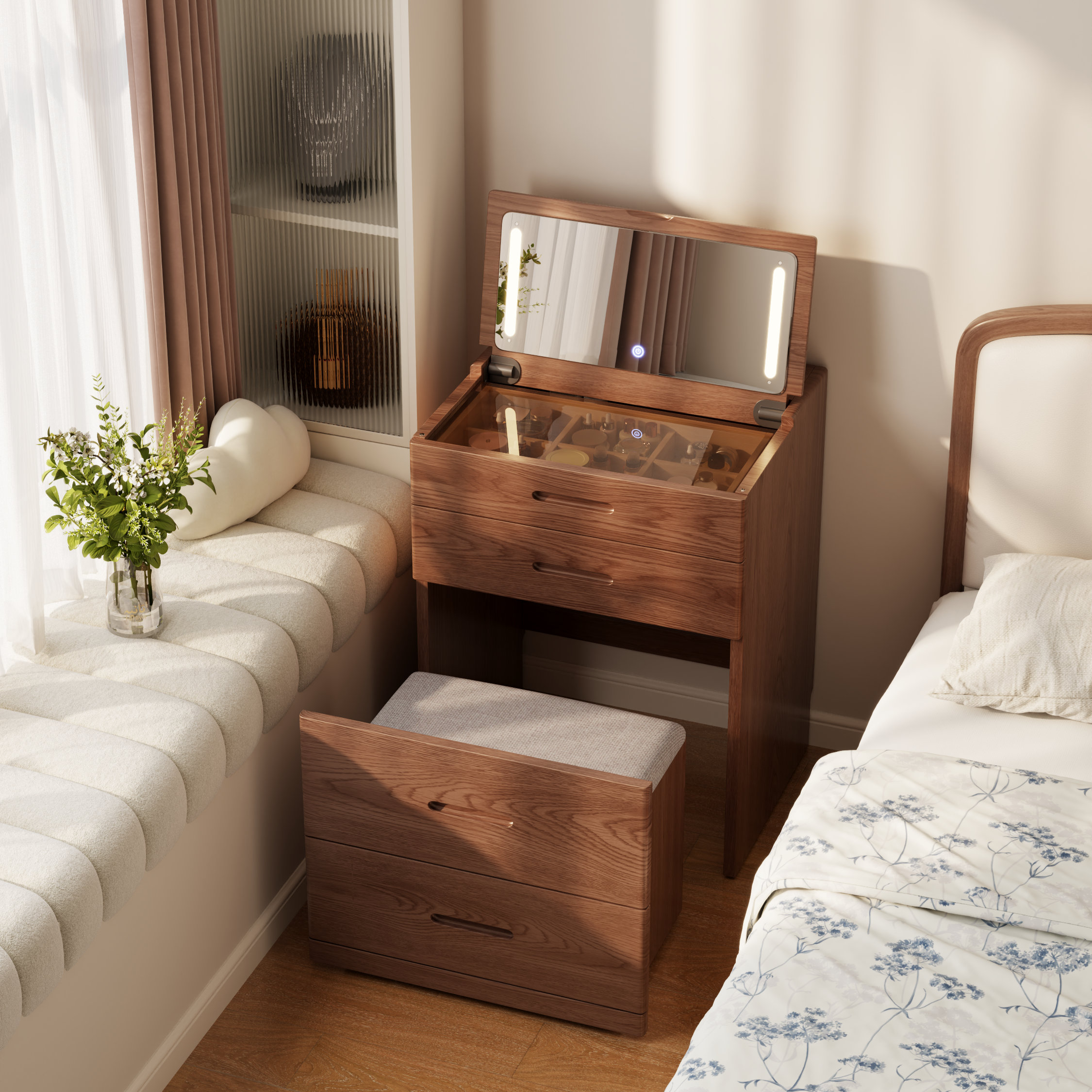 Latitude Run® Solid Wood 3-in-1 Vanity Desk with Flip-Top Mirror ...