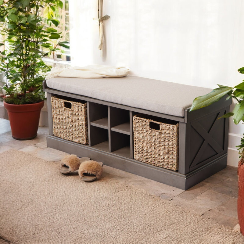 Gracie Oaks Gorge Canvas Upholstered Storage Bench with Natural Baskets ...