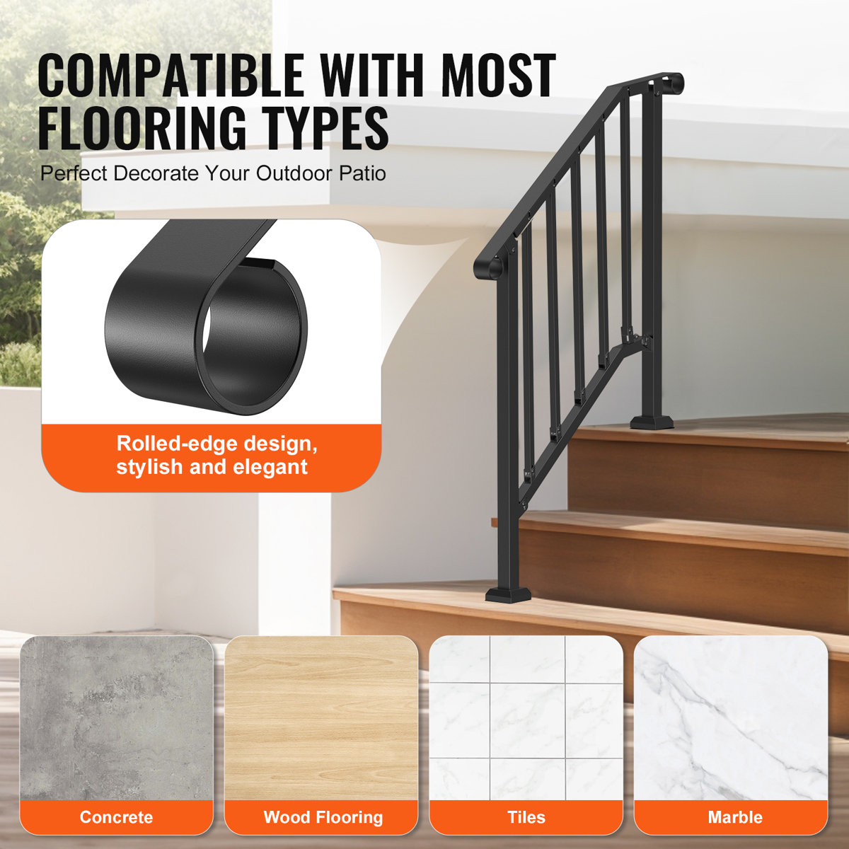 VEVOR 2-3 Step Handrails for Outdoor for Seniors Porch Deck Black Retro ...