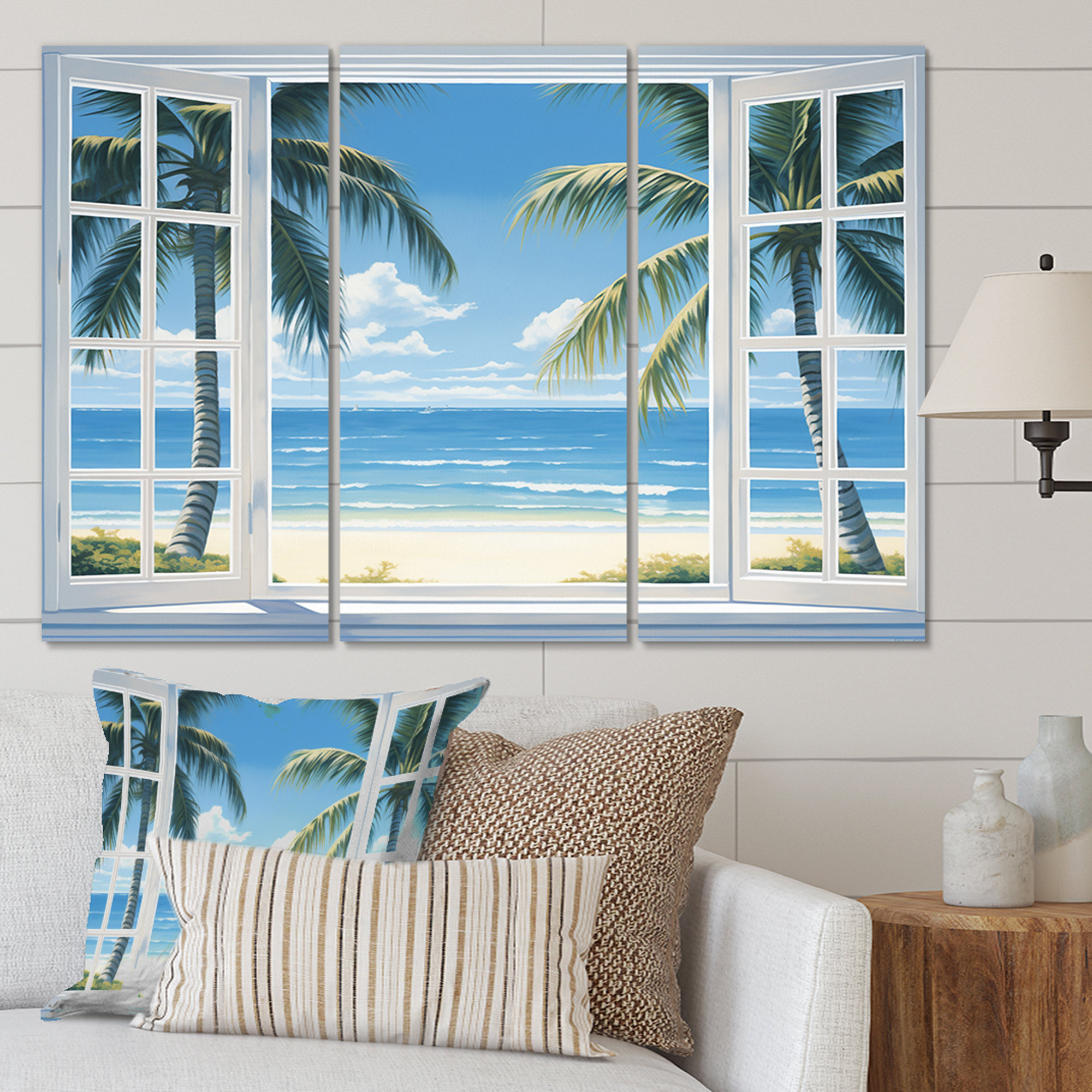 Design Art Oceanview Through Open White Window I - Coastal Canvas Art ...
