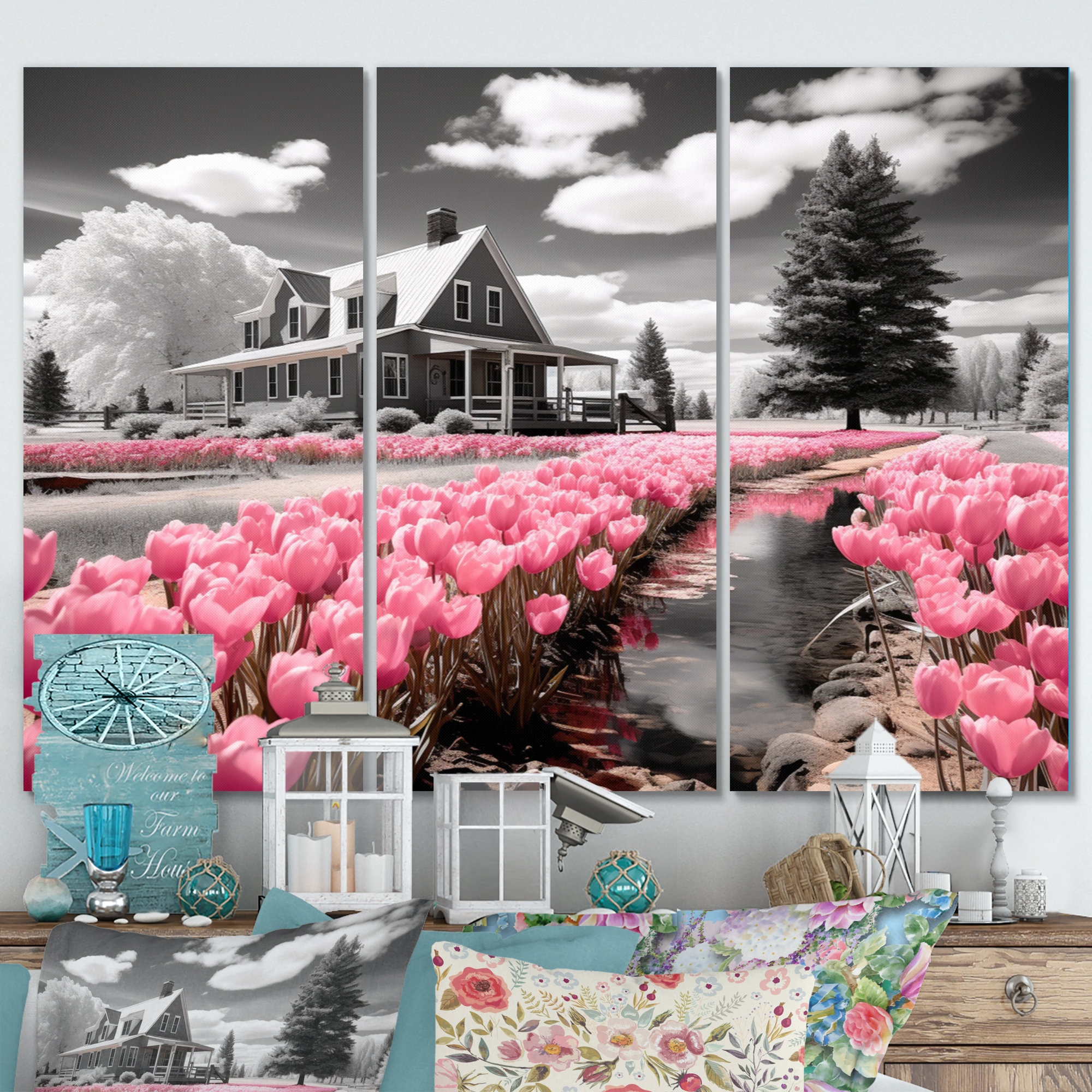 Design Art Pink Farmhouse Frontyard Oasis - Farm Metal Wall Art Set ...