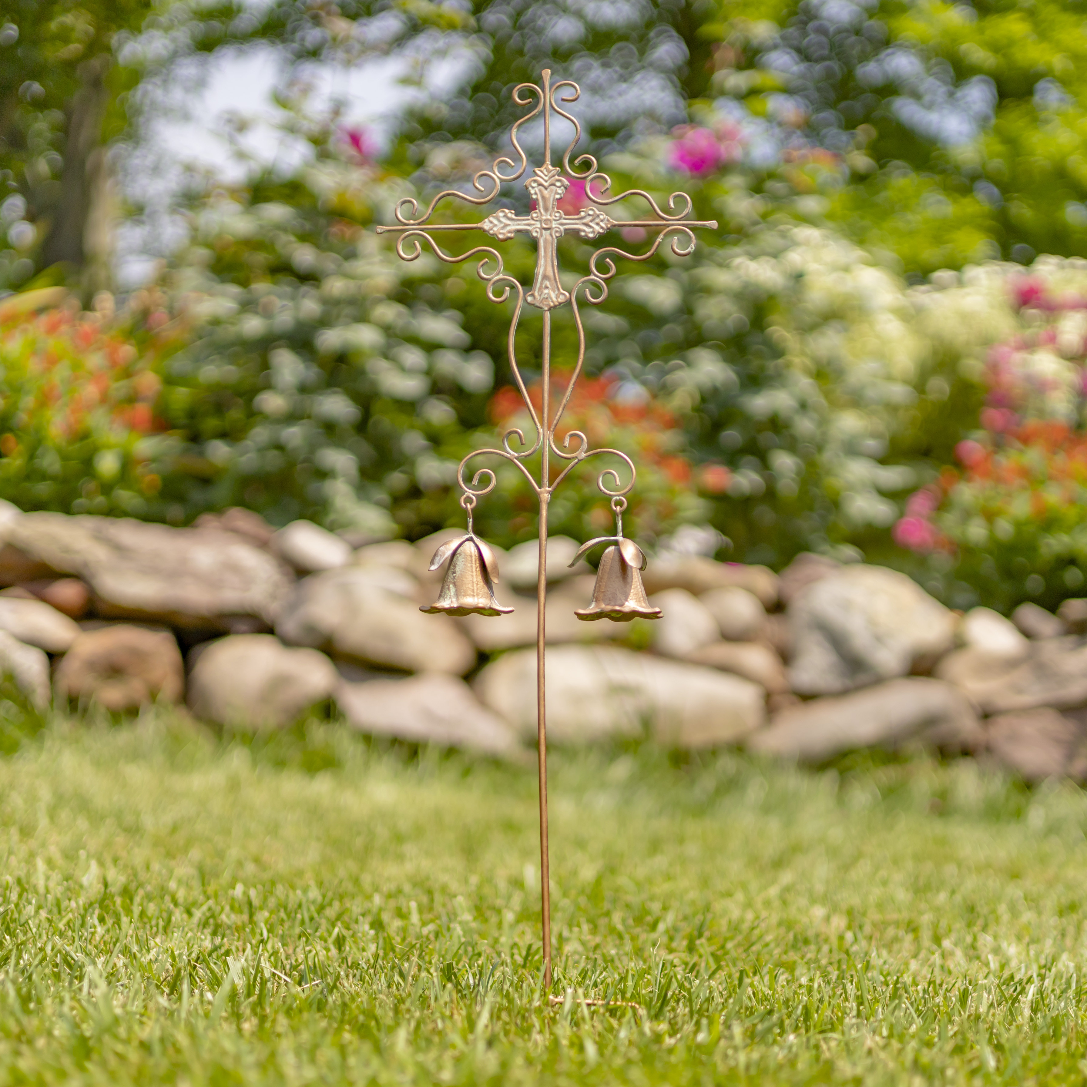 Arlmont & Co. 29.63" Tall Ornate Iron Cross Garden Stake with Dangling ...
