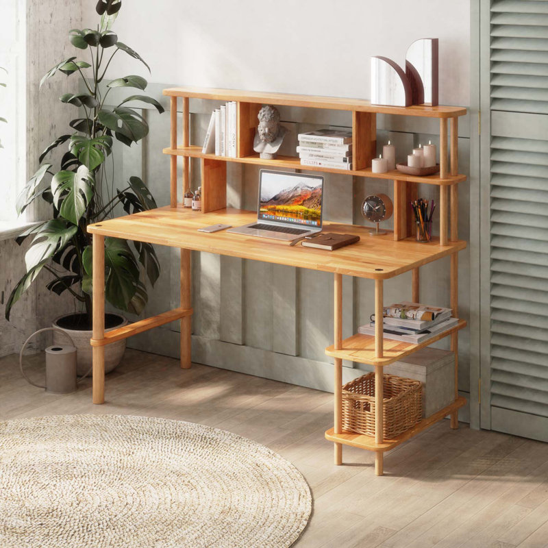 Demontha Solid Wood Study Desk with Shelf for Modern Workspaces – Sleek ...