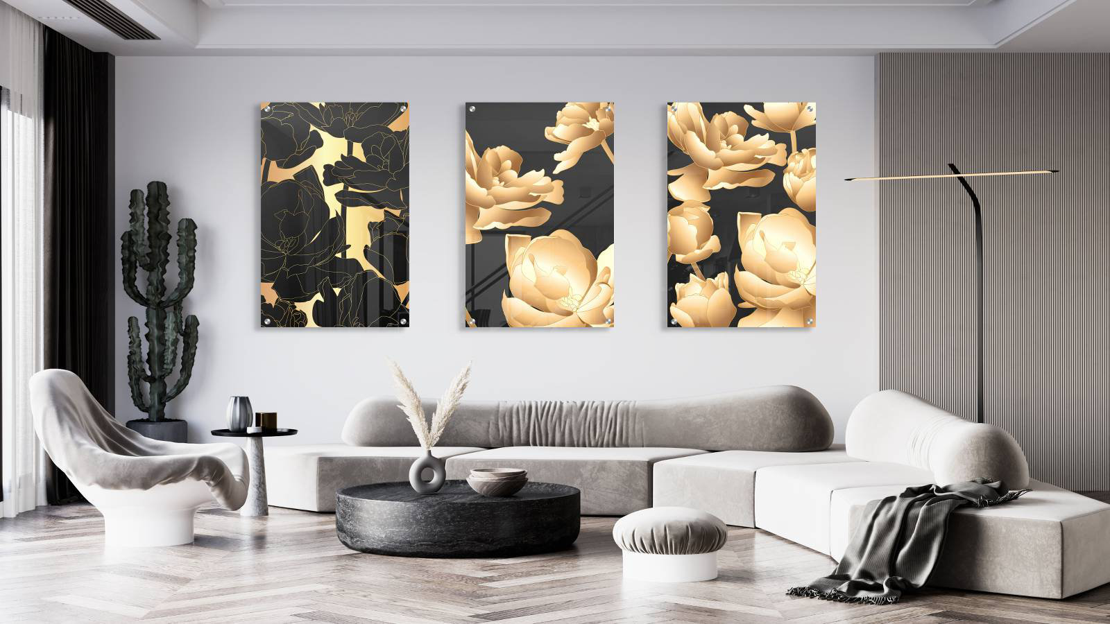 UniQstiQ Golden Flowers Set of 3 Prints Modern Wall Art Modern Artwork ...