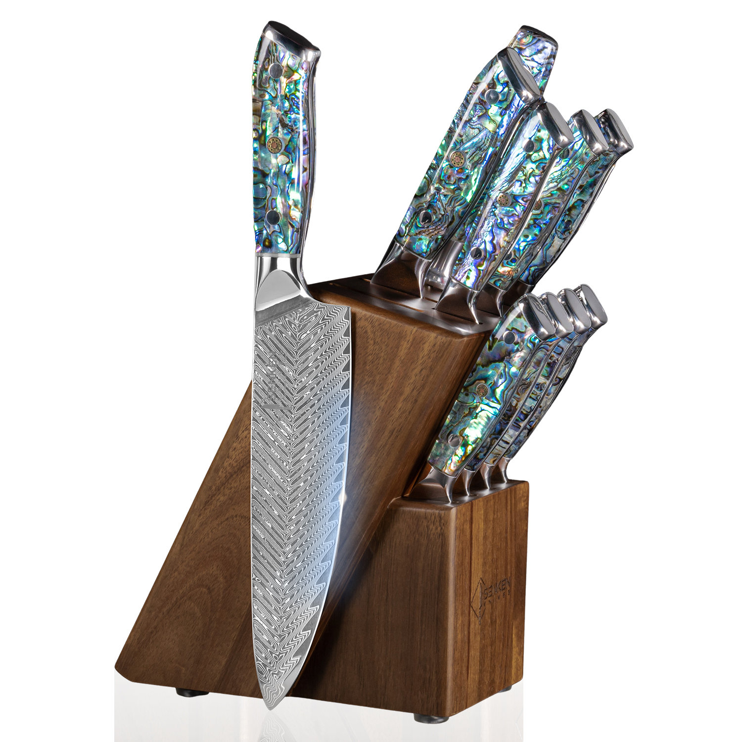 Senken Knives 11-Piece Damascus Knife Block Set with Abalone Shell ...