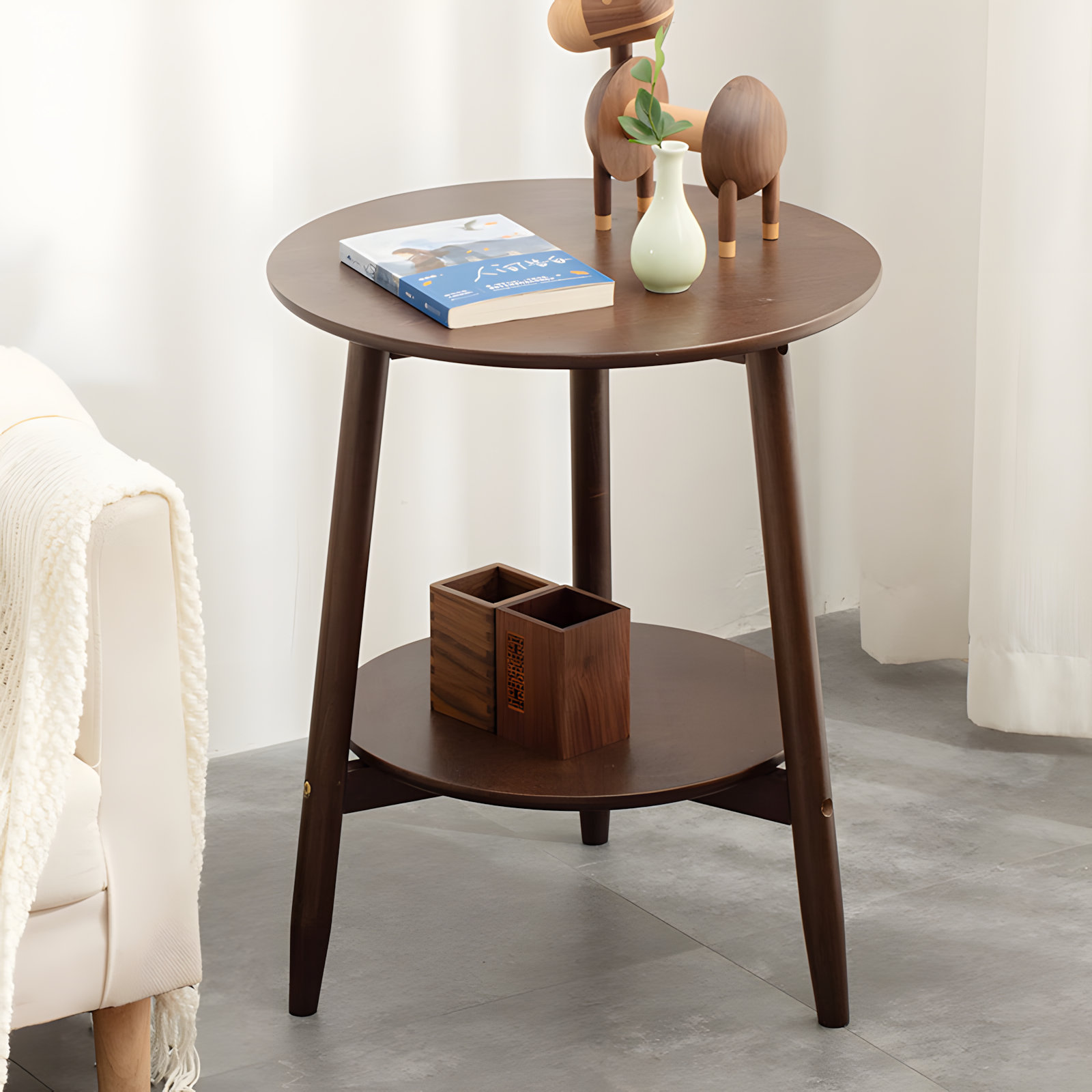 George Oliver Solid Wood Round Side Table With Lower Shelf ...