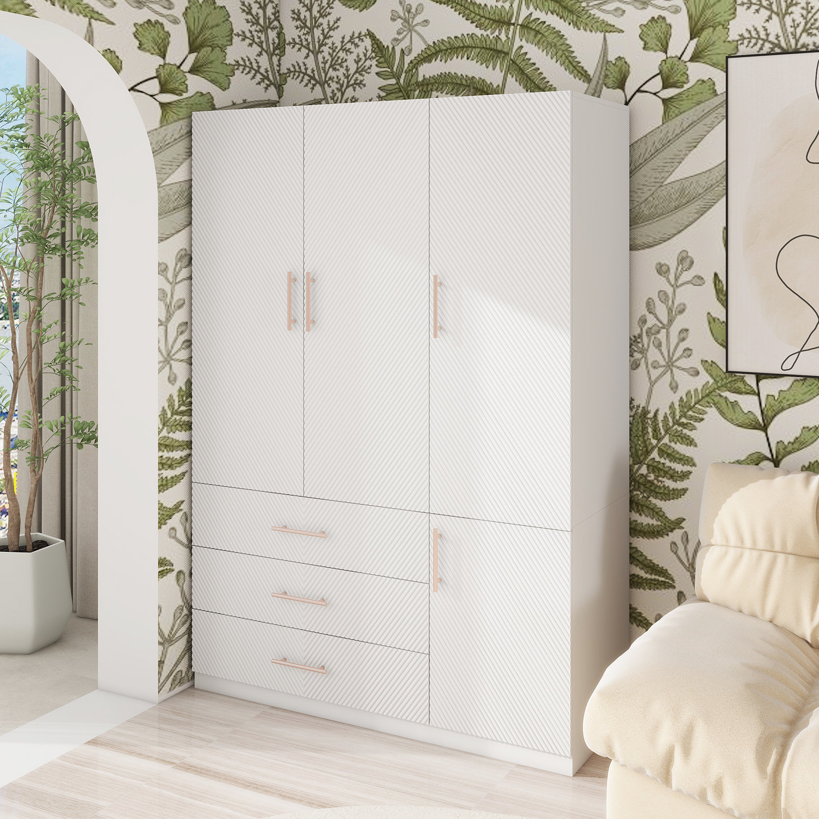 Latitude Run® 3-Door Wooden Wardrobe Armoires with Drawers, White | Wayfair