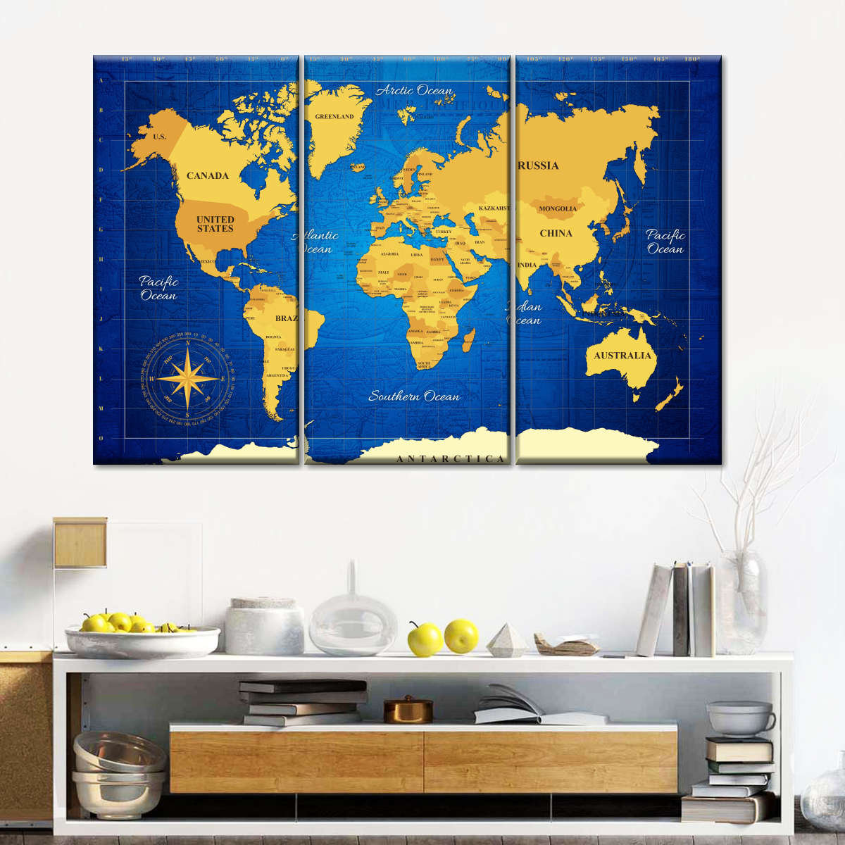 17 Stories World Map Yellow Longitude World Map Multi Piece Canvas ...