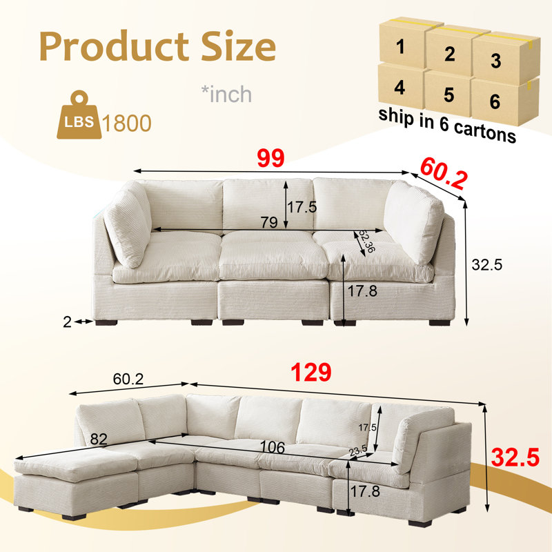 Latitude Run® Kierran Dearborn 6 Piece 129"W Corduroy Modular Sectional ...