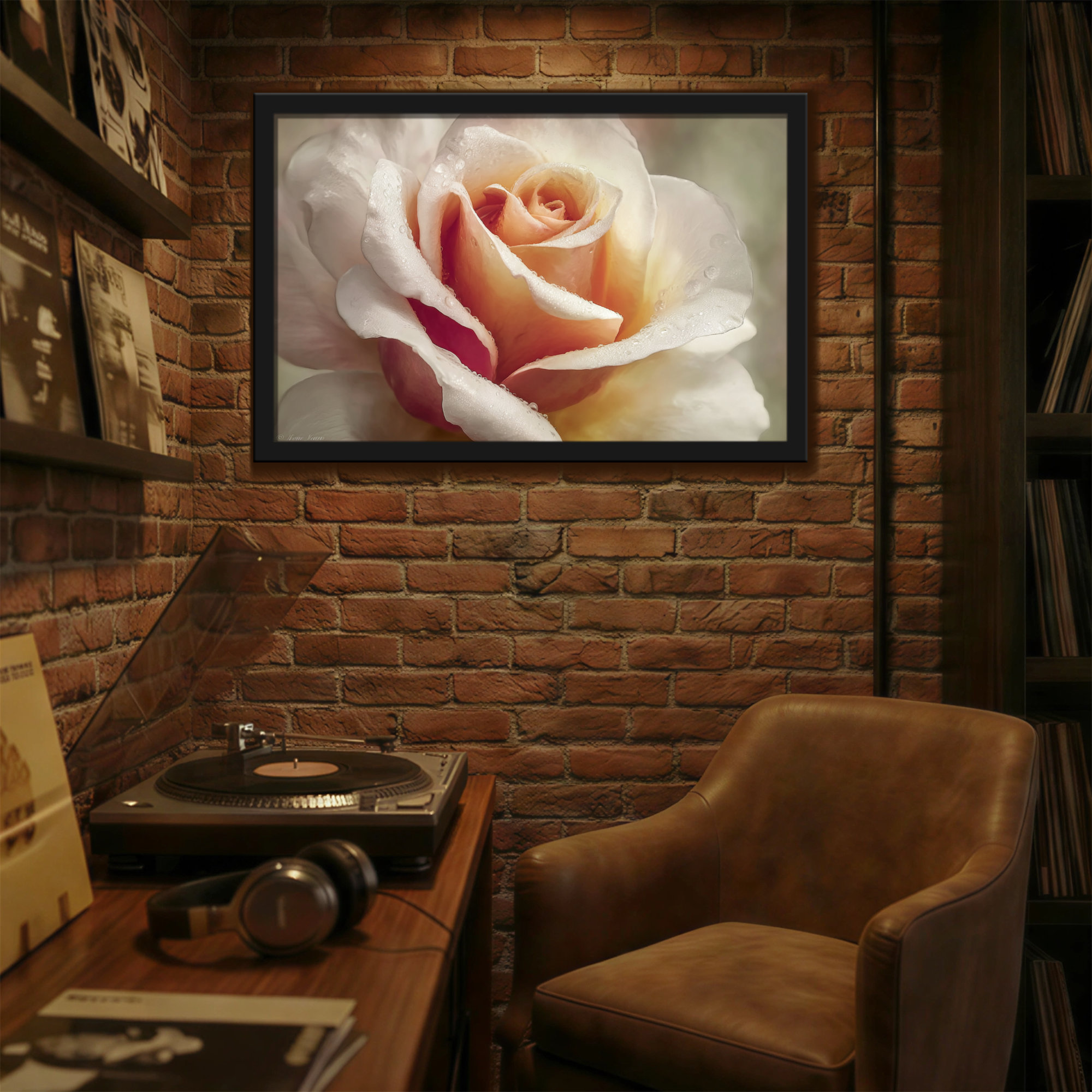 Everly Quinn Plants & Flowers White Rose With Dew Drops Close Up | Wayfair