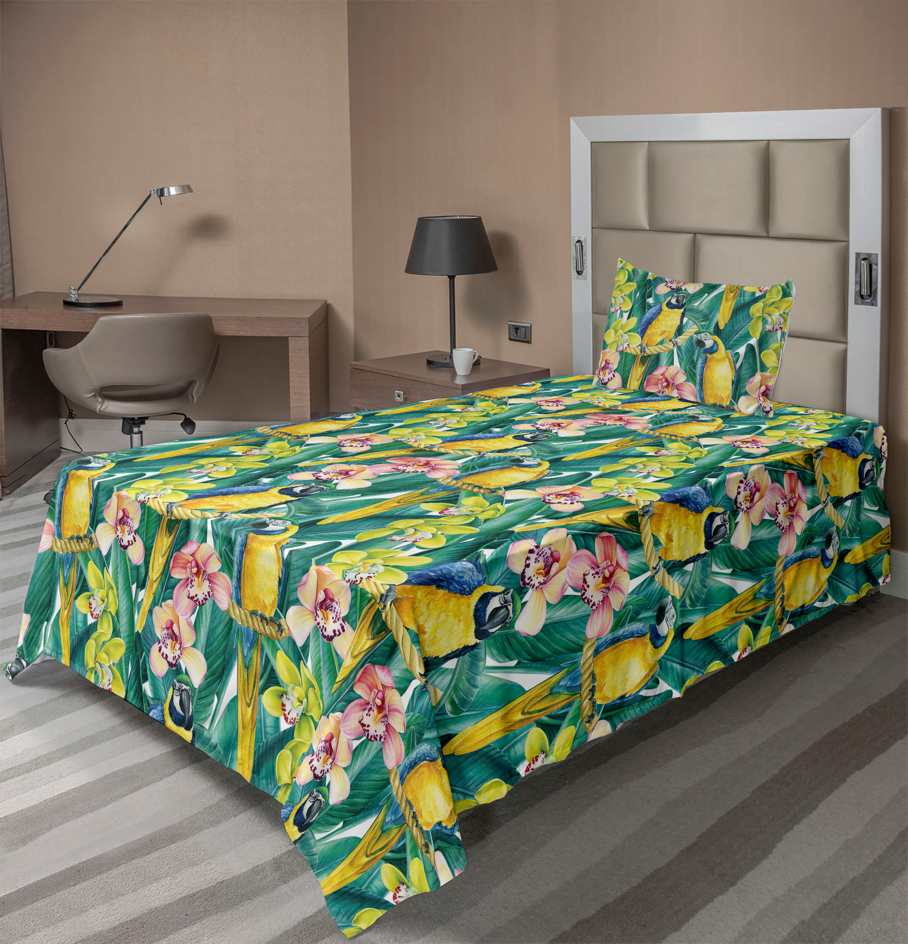 Ambesonne Birds and Nature Sheet Set Realist Macaw Art Yellow Jade ...