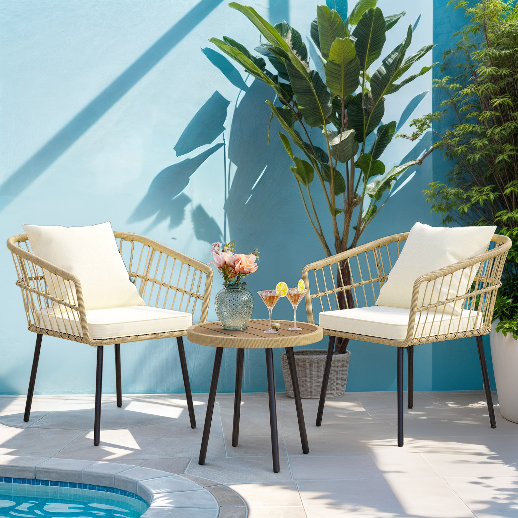 Bay Isle Home™ 3 Pcs Patio Conversation Set with Rattan Chairs, Coffee ...