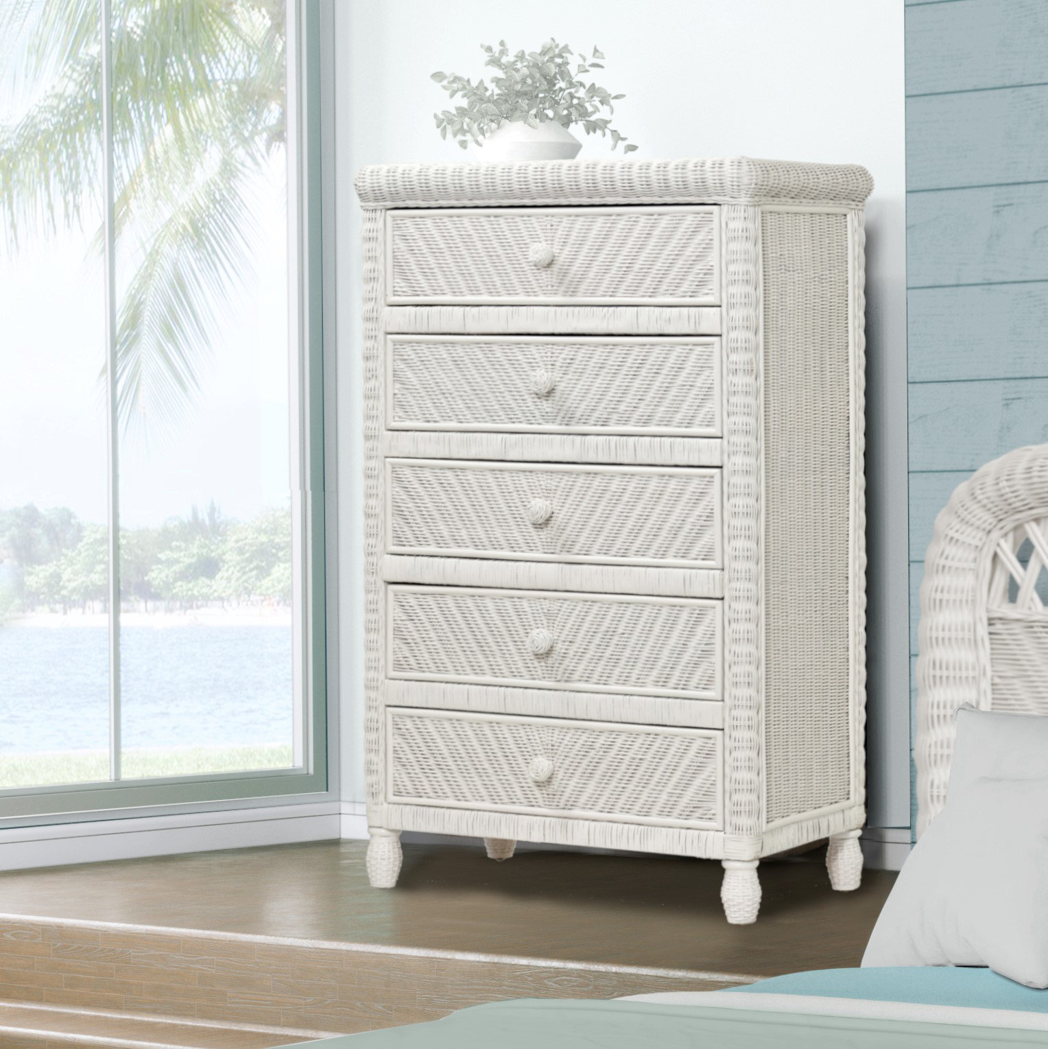 Dovecove Alica Wicker/Ratton White Washed 5 Drawer 32'' W Chest Coastal ...