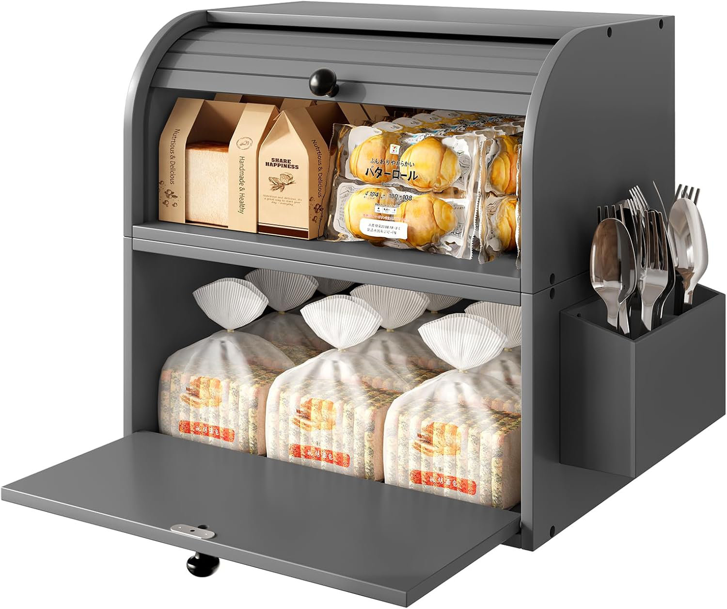 Gracie Oaks Bread Box Dobule Layer Roll Top Bread Bin with Silverware ...