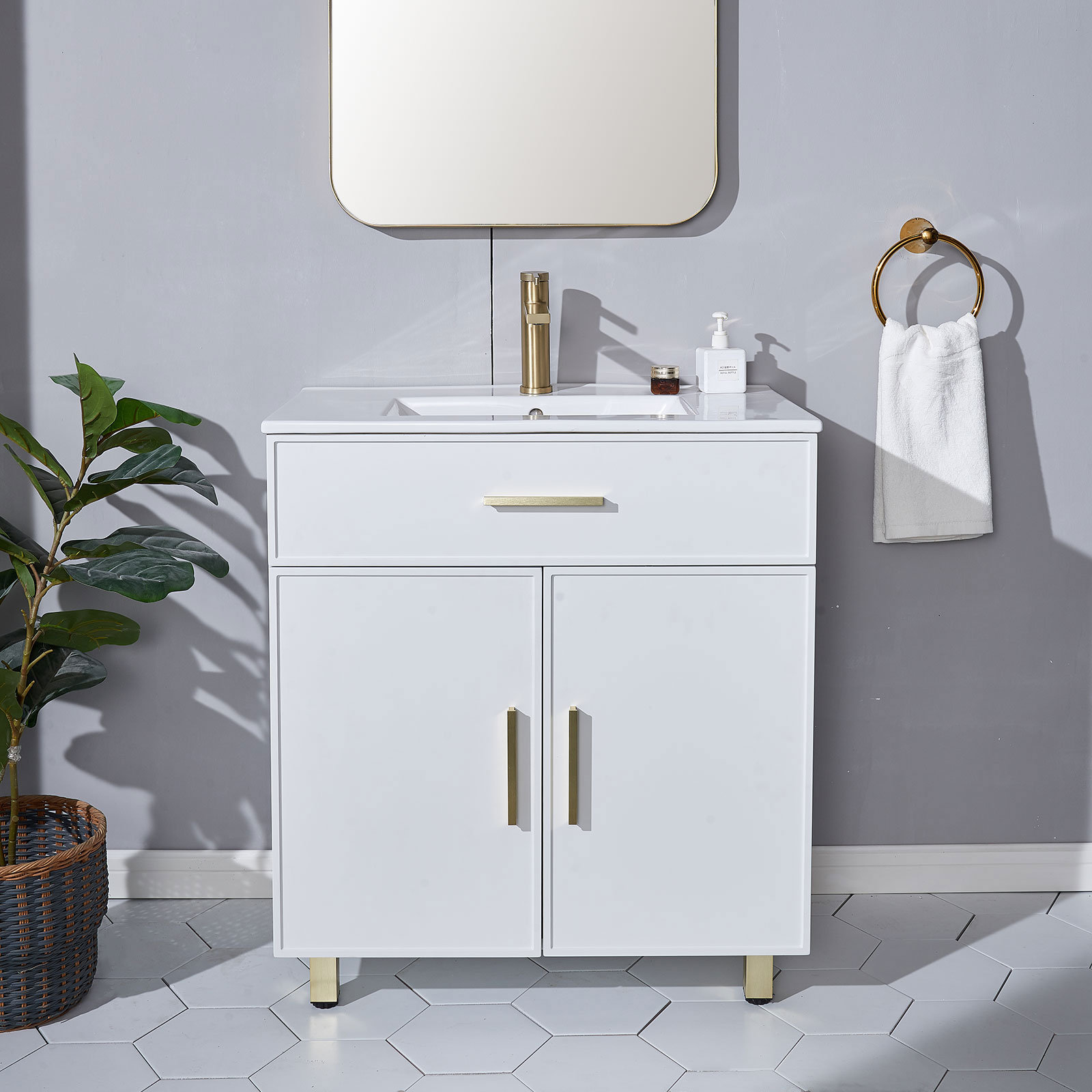 Mercer41 Lemmond 30" Matte White Minimalist Free-standing 1 Drawer & 2 ...