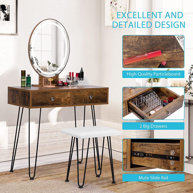 Millwood Pines Bolderberg Industrial Vanity Set with 3-Color LED Mirror ...