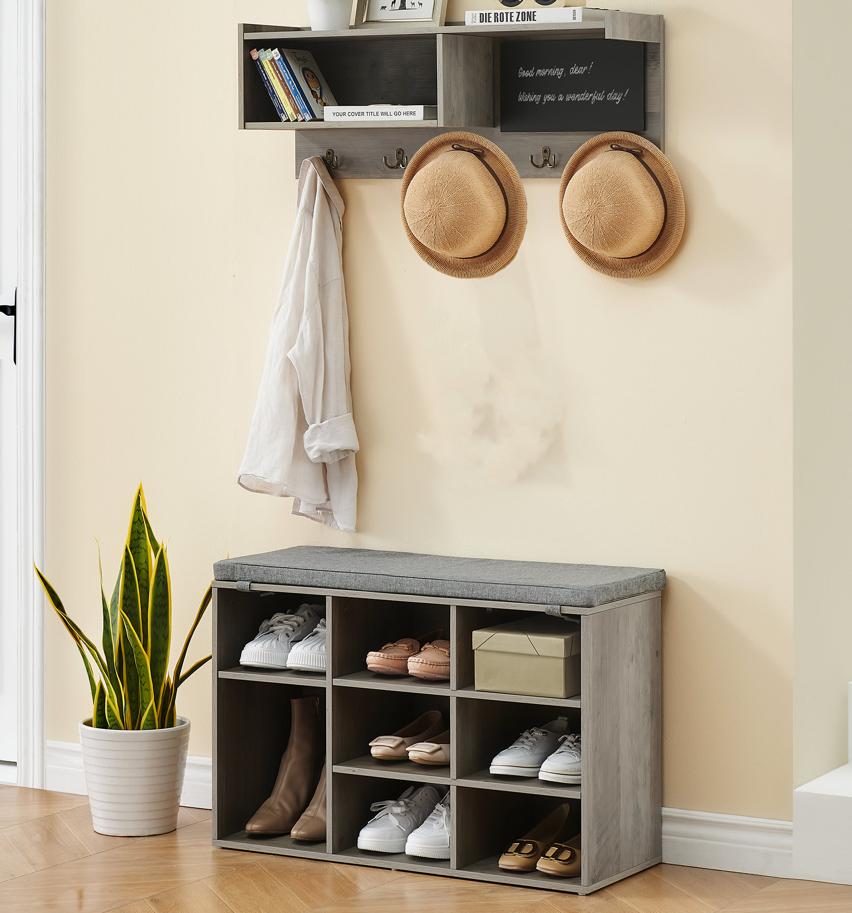 Ebern Designs Hall Tree Shoe Bench 6 In 1 Coat Shoe Rack With 5 Hooks 12 Storage Cubbies ...