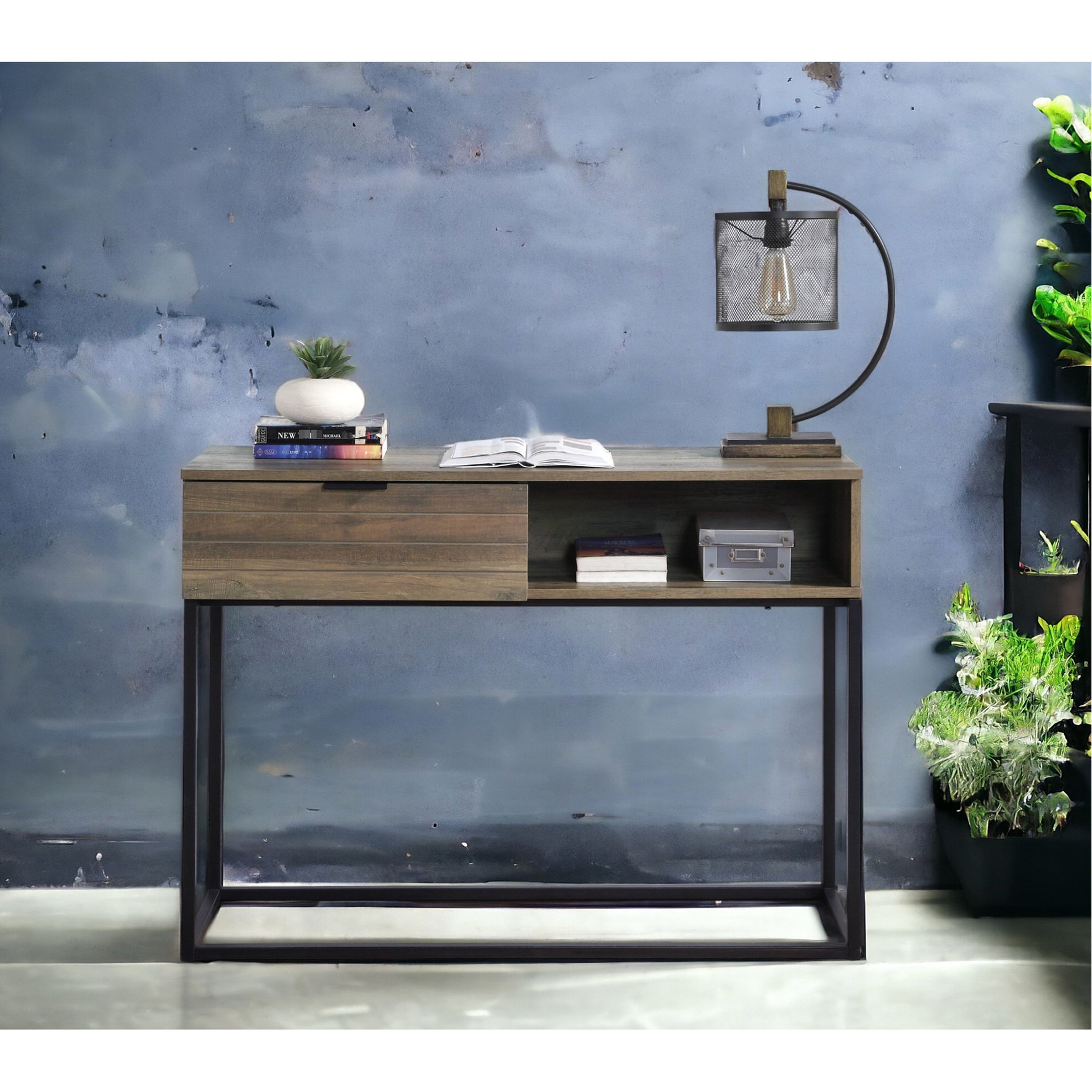 Ebern Designs Rustic Oak And Black Writing Table With Drawer - , Stable ...