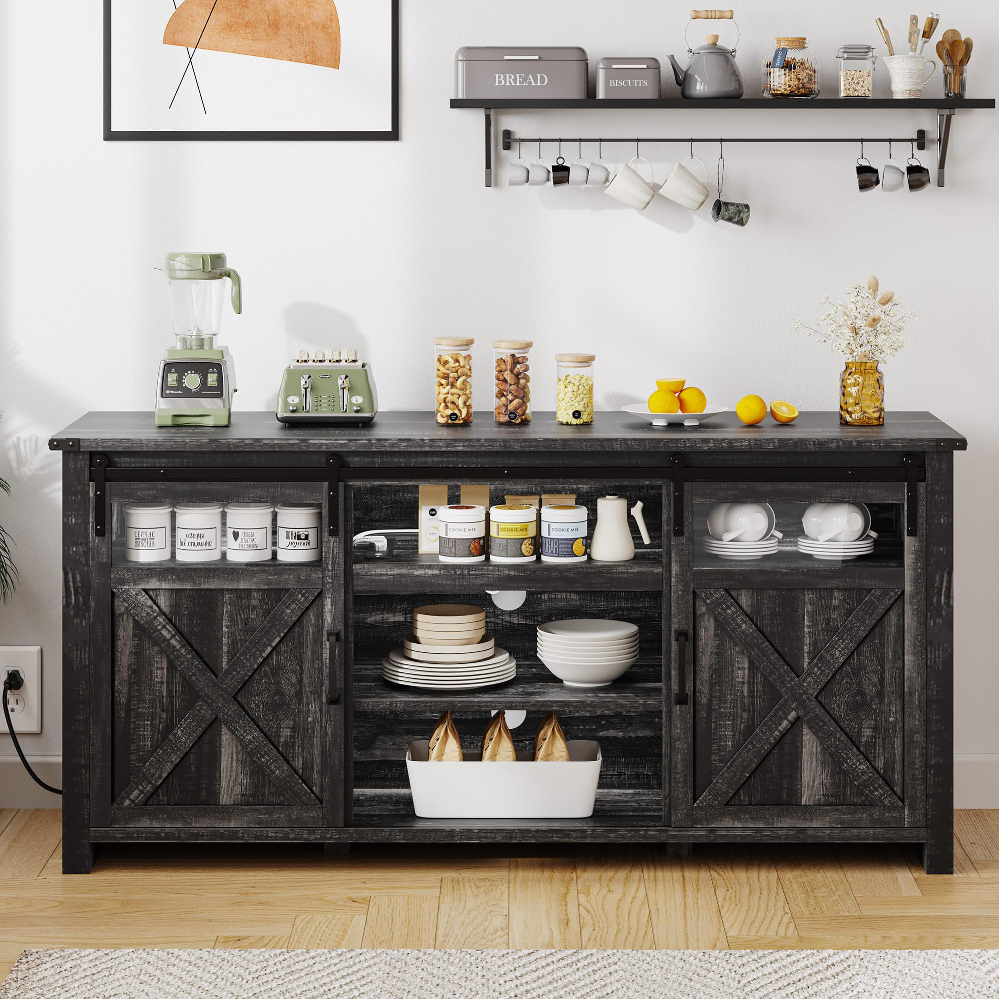 Gracie Oaks 66" Farmhouse Style Buffet with Electrical Outlets | Wayfair