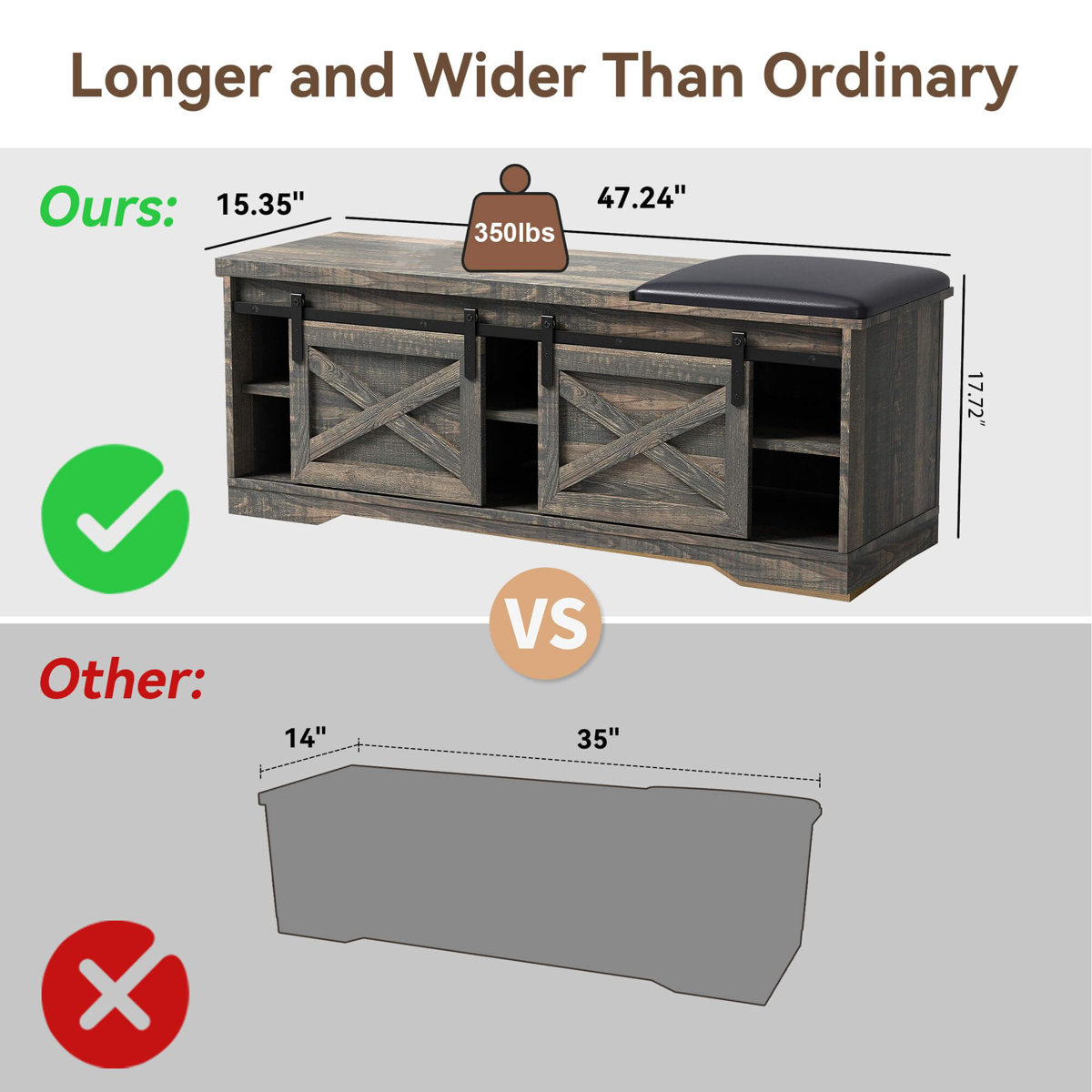 Gracie Oaks 47" Farmhouse Storage Bench With 2 Sliding Barn Doors, Wood ...