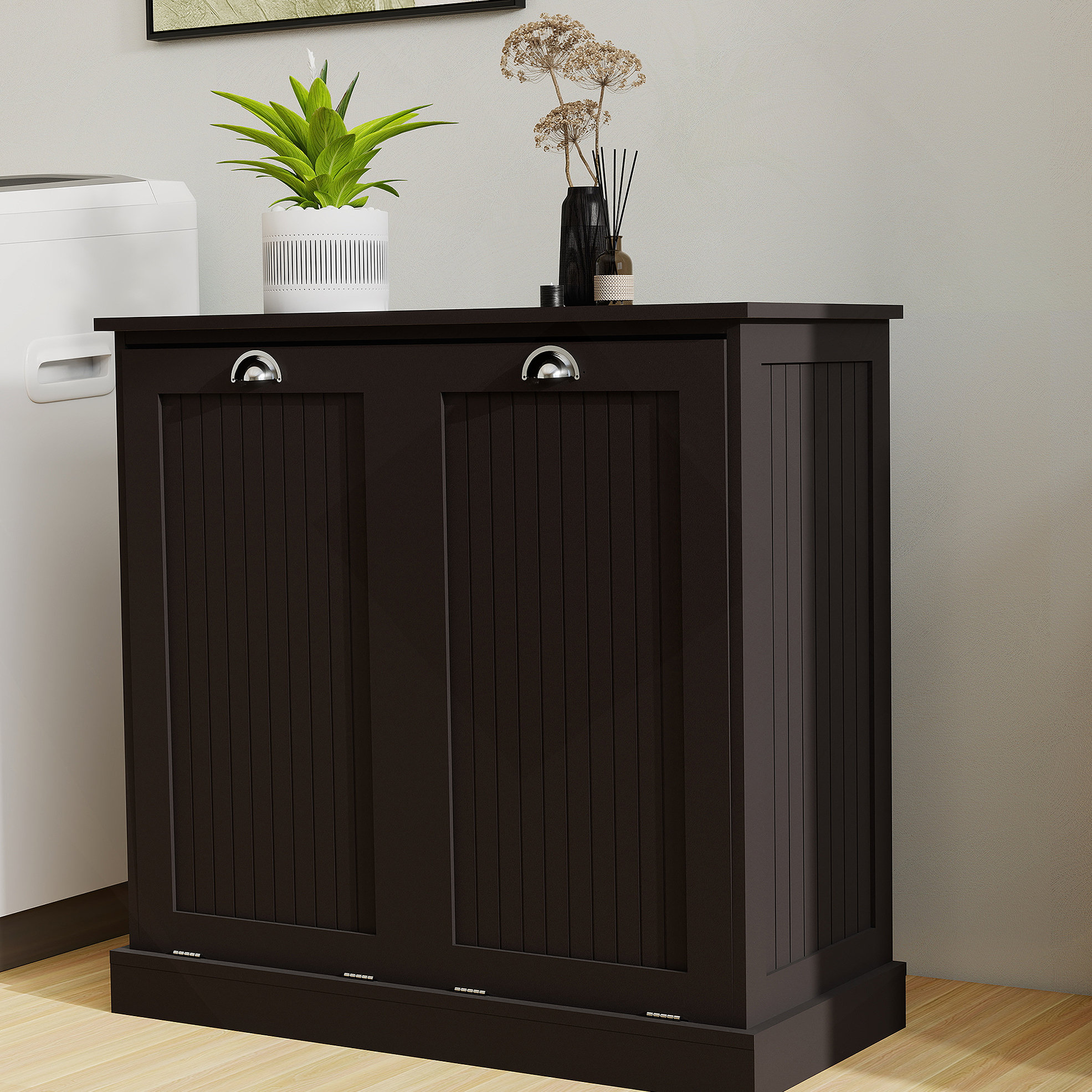 Gracie Oaks Two-Compartment Tilt-Out Laundry Sorter Cabinet-Black | Wayfair