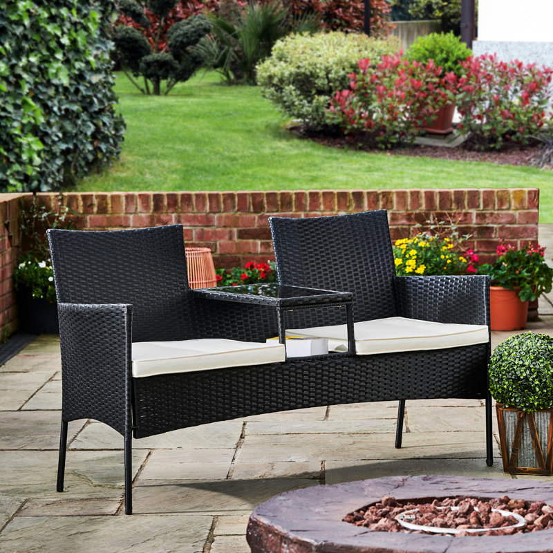 Lark Manor™ Outdoor Wicker Loveseat Bench With Table And Cushions ...