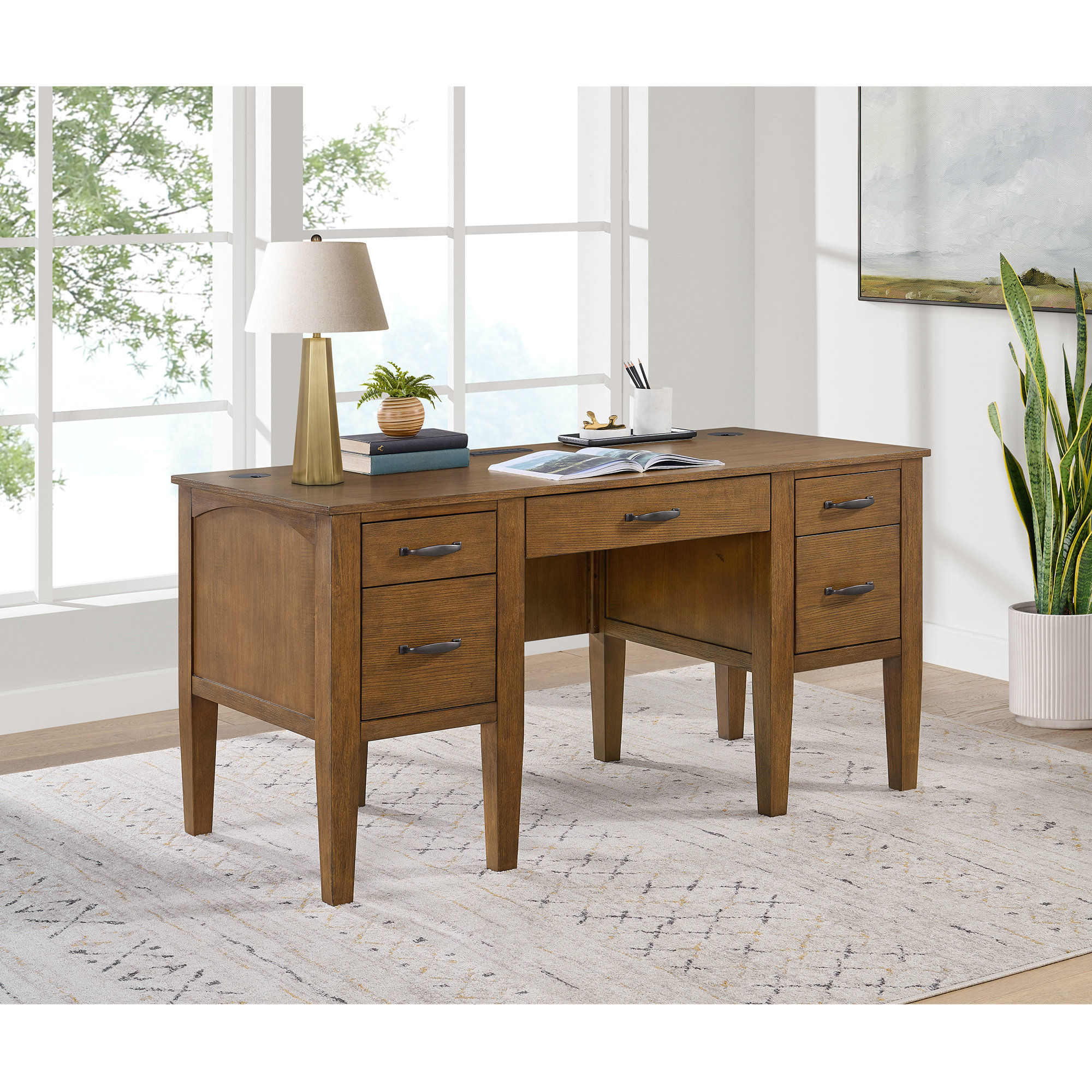 Winston Porter Hanoverton Half Pedestal Desk with Power/USB in Brown ...