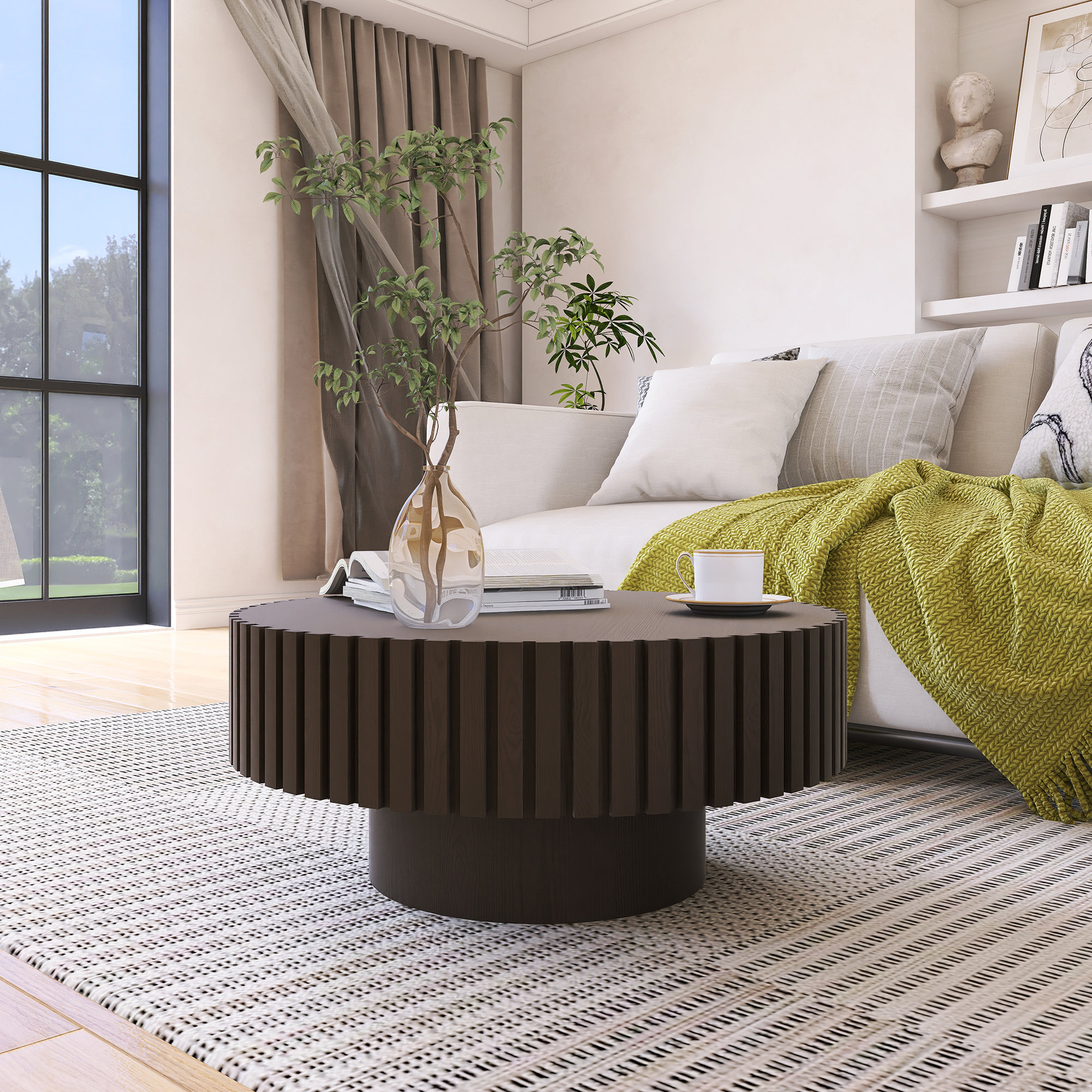 Latitude Run® Round Coffee Table Handcrafted Relief Sturdy Pedestal Wooden | Wayfair