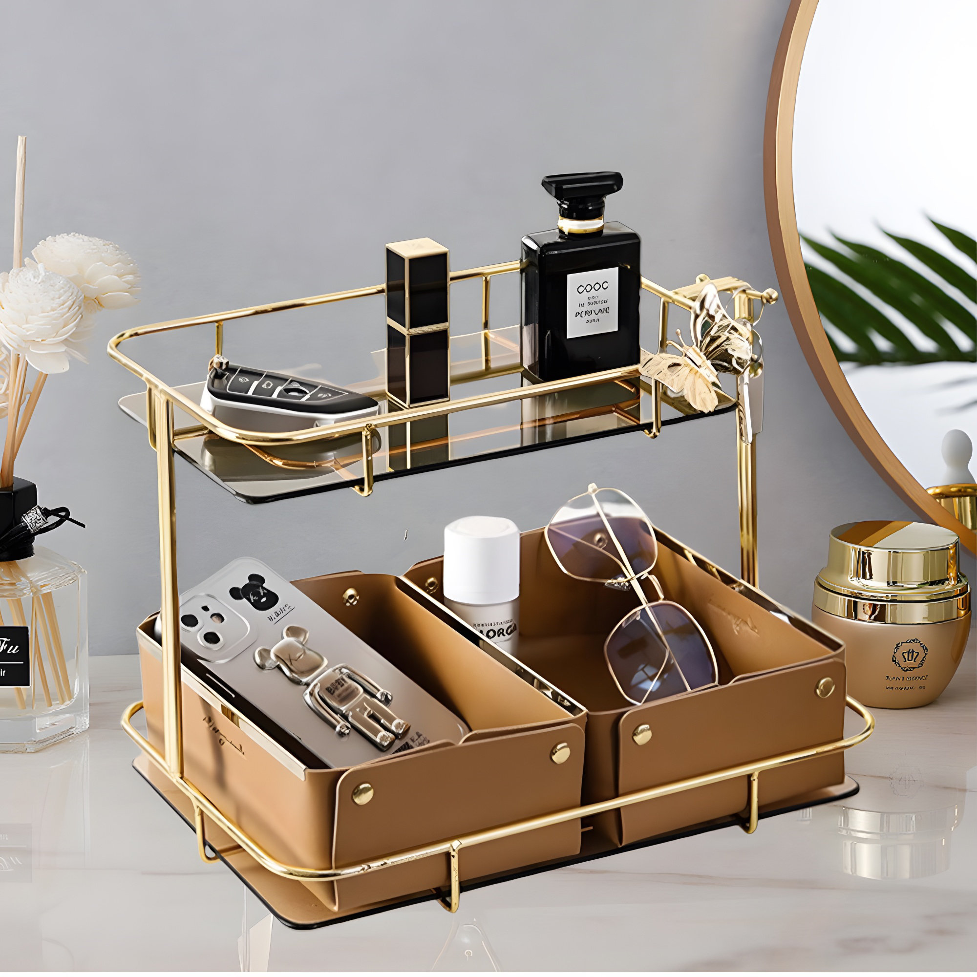 LIYONG Metal 3 Compartment Makeup Organizer | Wayfair