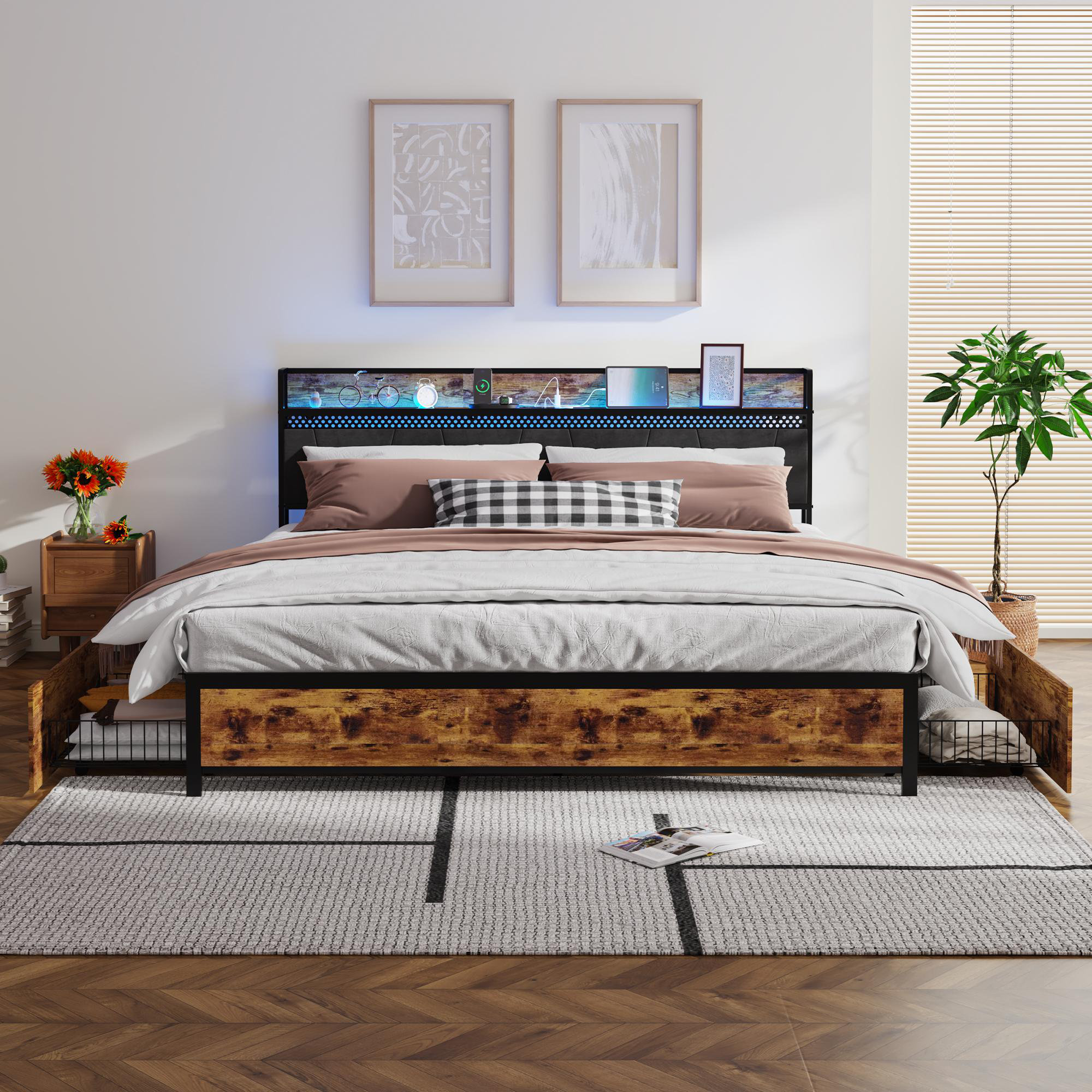 Ivy Bronx Bed Frame with Storage Headboard, Metal Platform Bed Frame ...