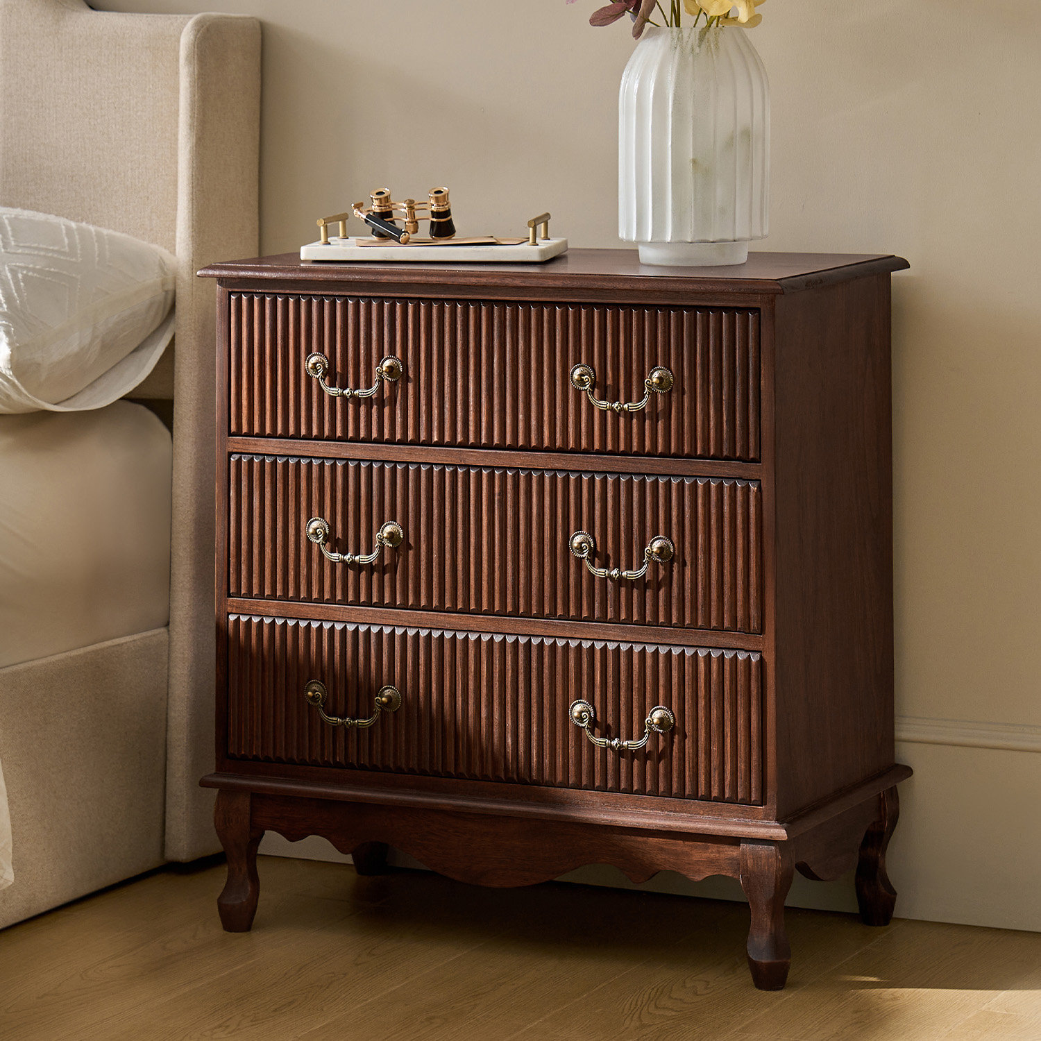 Canora Grey Kaybri Transitional 28"W 3-Drawer Solid Wood Fluted Chest ...