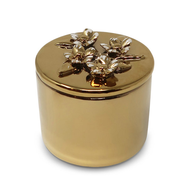 Mercer41 Round Gold Decorative Box With Flower Design Lid | Wayfair