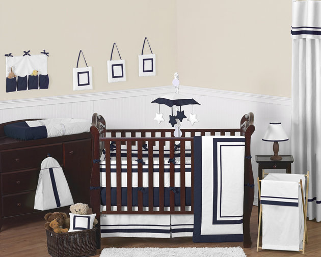 Sweet Jojo Designs White and Navy Hotel 9 Piece Crib Bedding Set ...