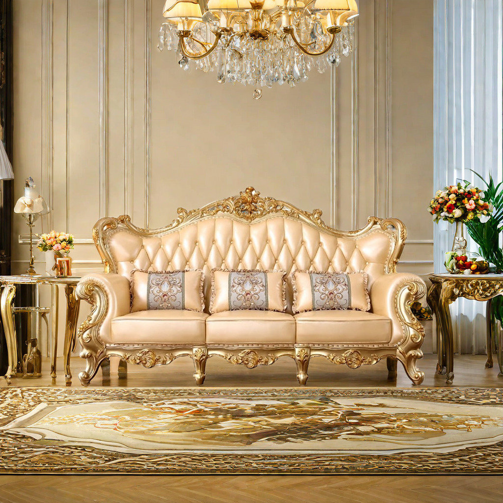 Romero European-style Solid Wood Carved Leather Sofa 92.5'' Genuine ...