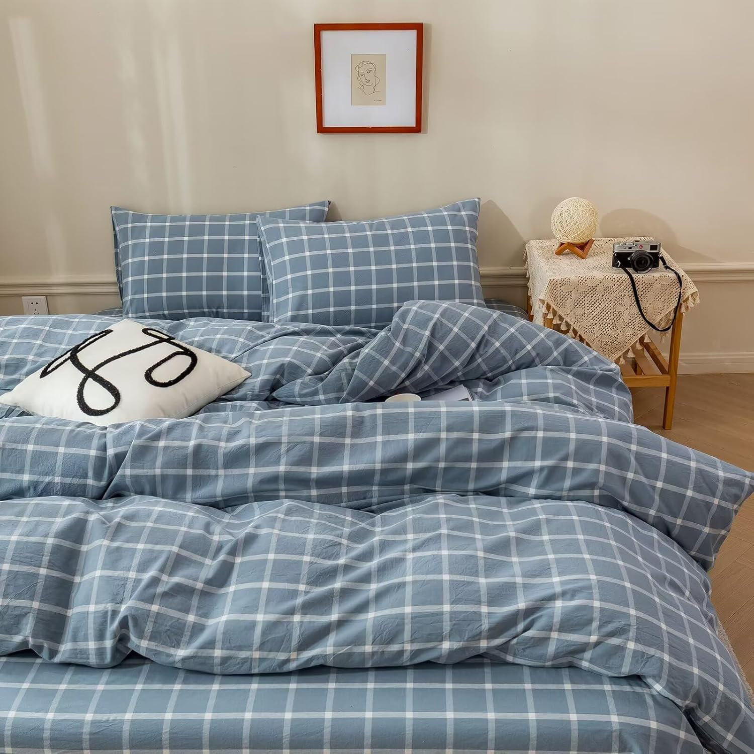 ChooChoo White Plaid Duvet Cover Queen 100% Washed Cotton Comforter Cover Set Modern Buffalo ...