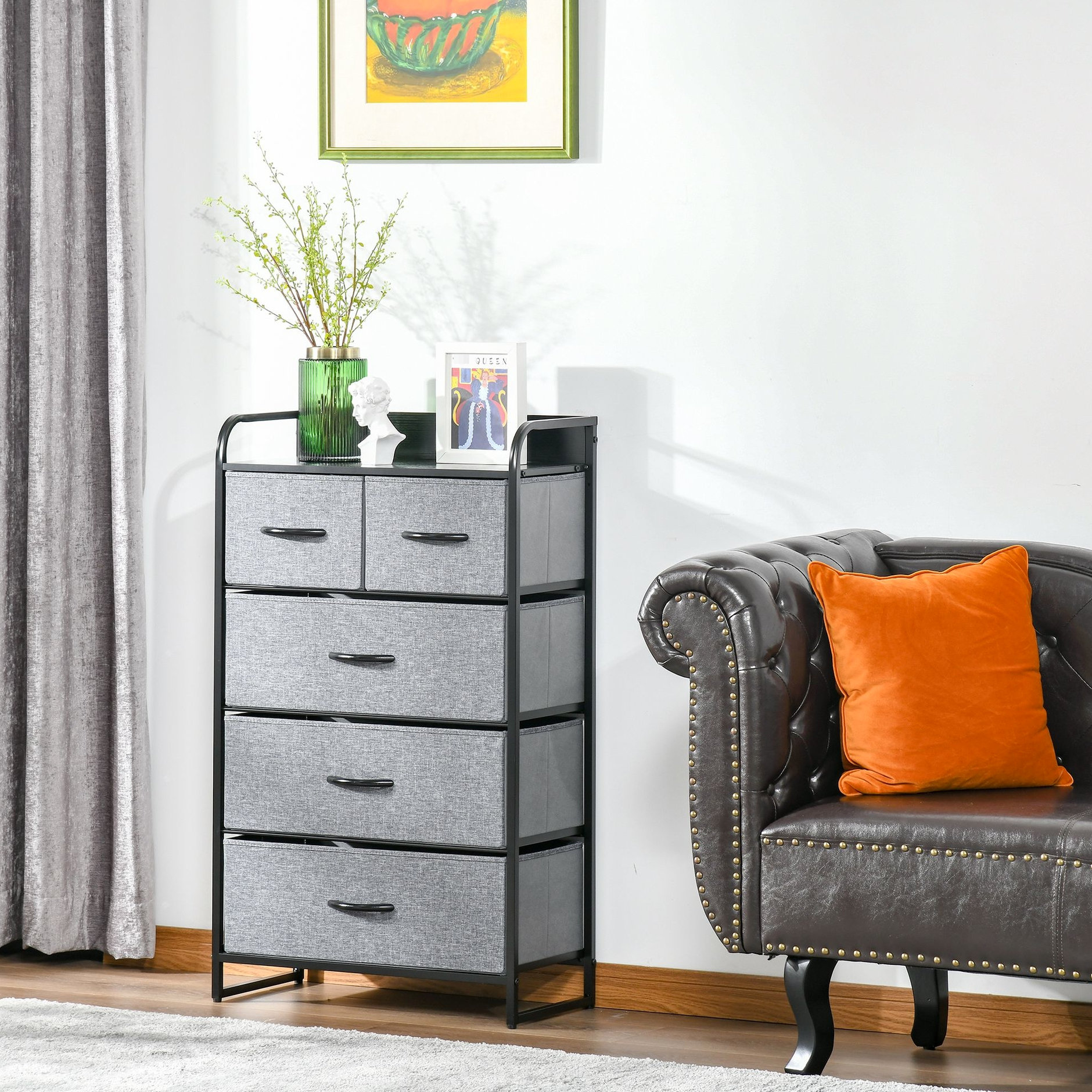 Ebern Designs Fabric Chest Of Drawers - Gray 5 Unit With Wooden Top For ...