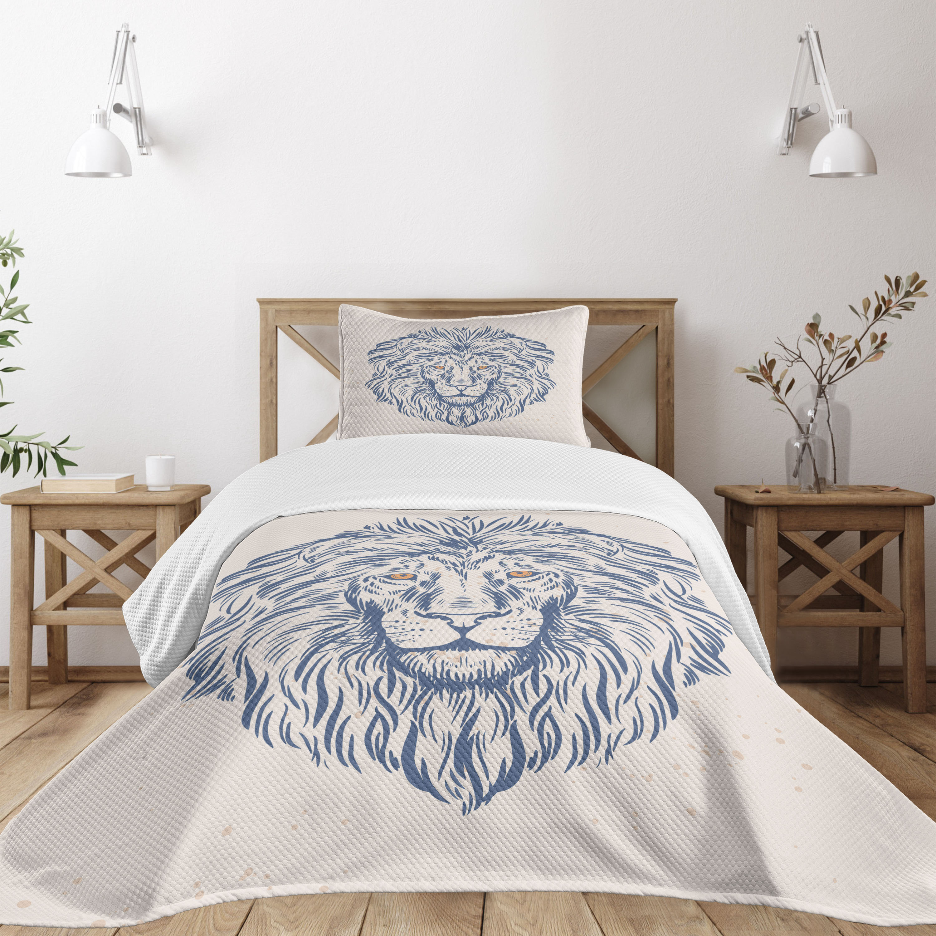 Ambesonne Lion Bedspread Animal Portrait Wildlife Slate Blue and Beige ...