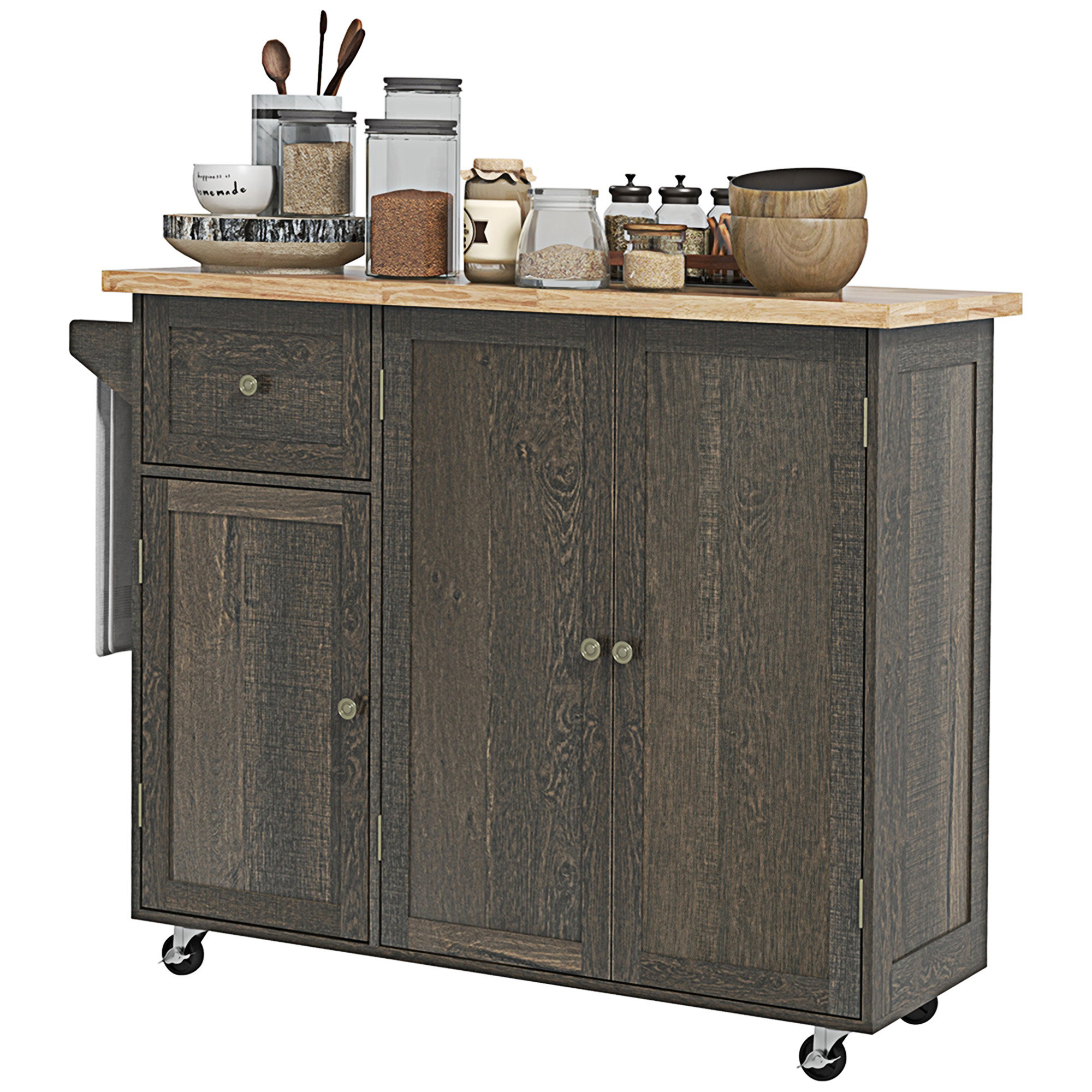 Winston Porter Triple-Cabinet Rolling Kitchen Island On Wheels(No ...