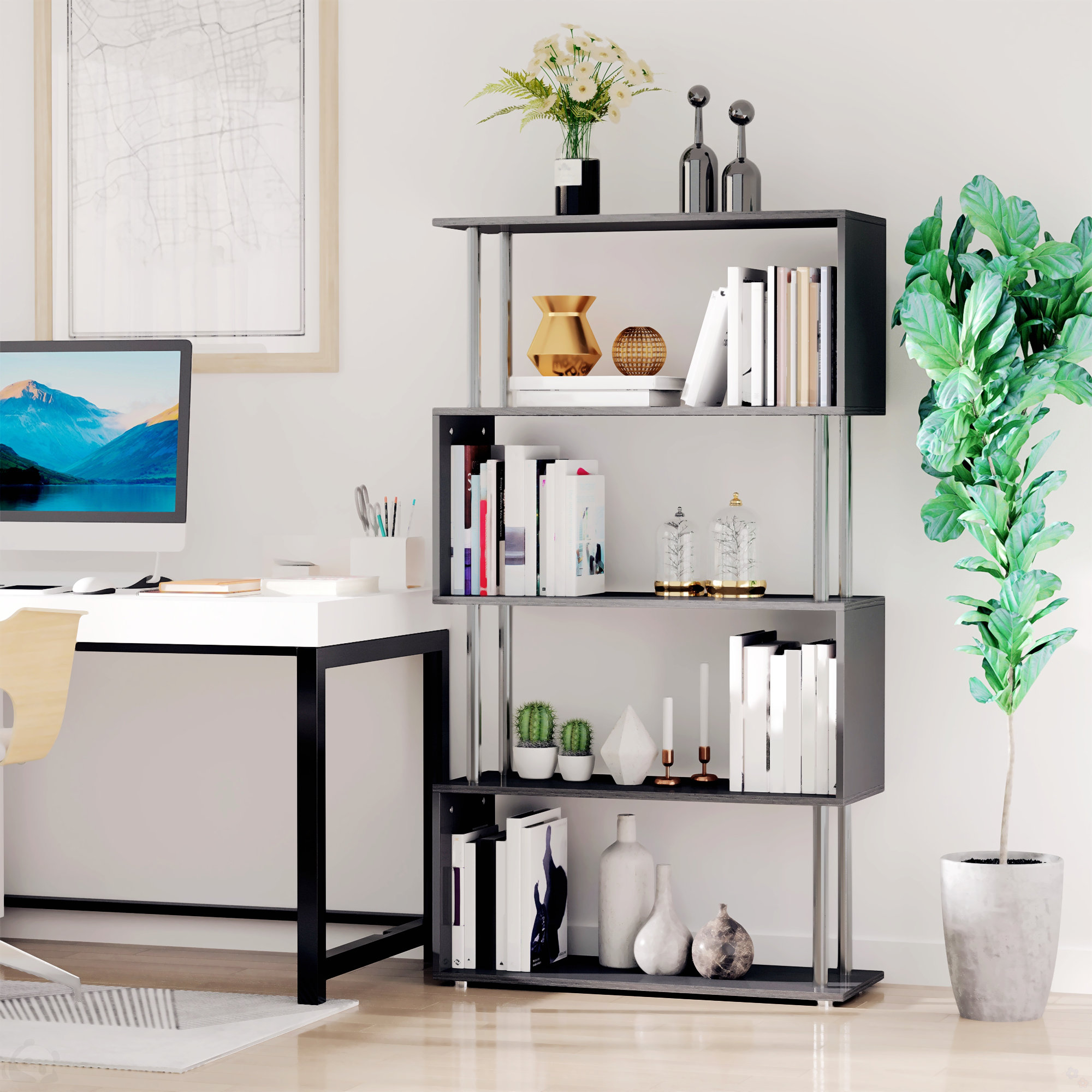 Wrought Studio Modern S-Shaped 5 Tier Room Dividing Bookcase Wooden ...