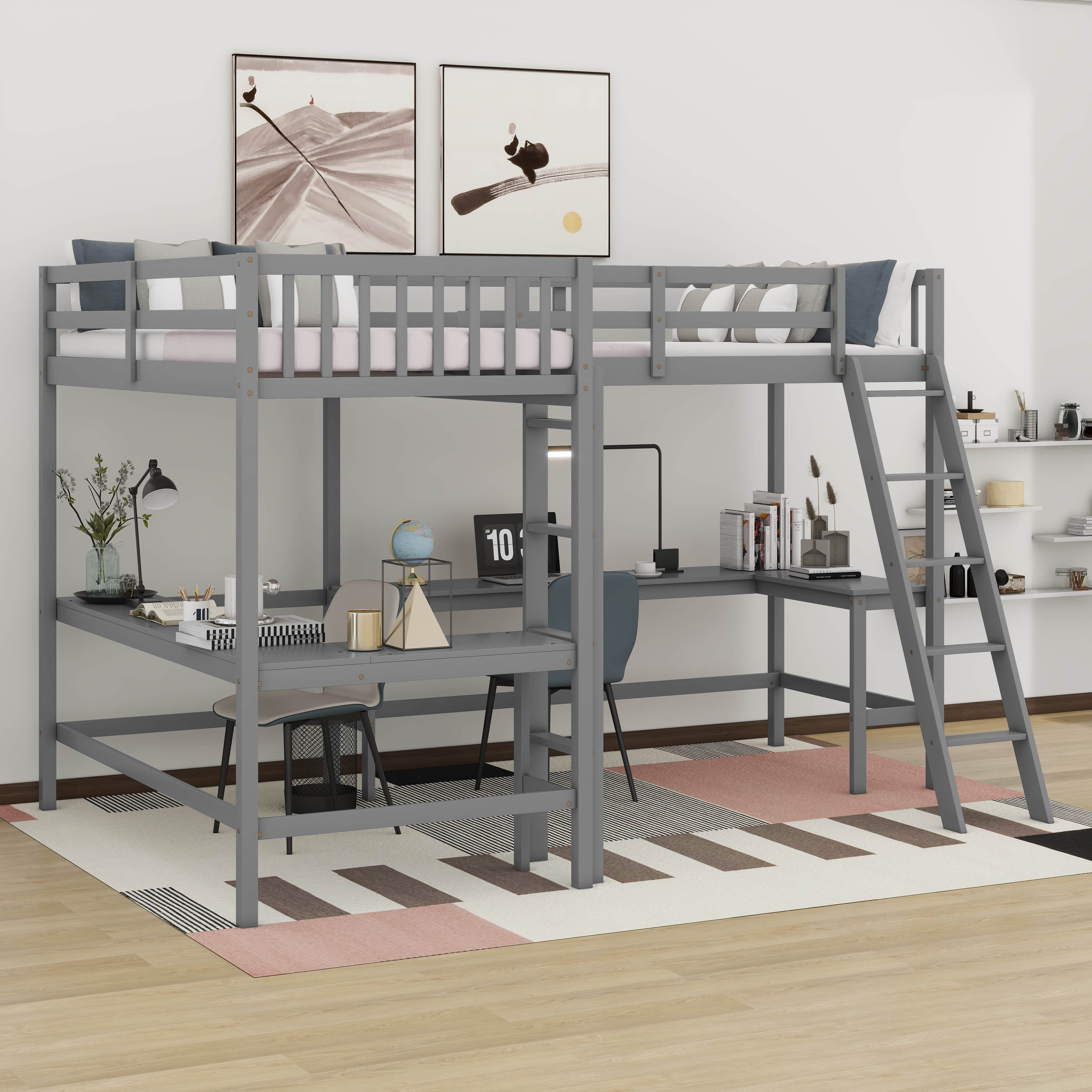 Harriet Bee Jaryel Wood Twin Size L-Shaped Loft Bed with 2 Built-in L ...