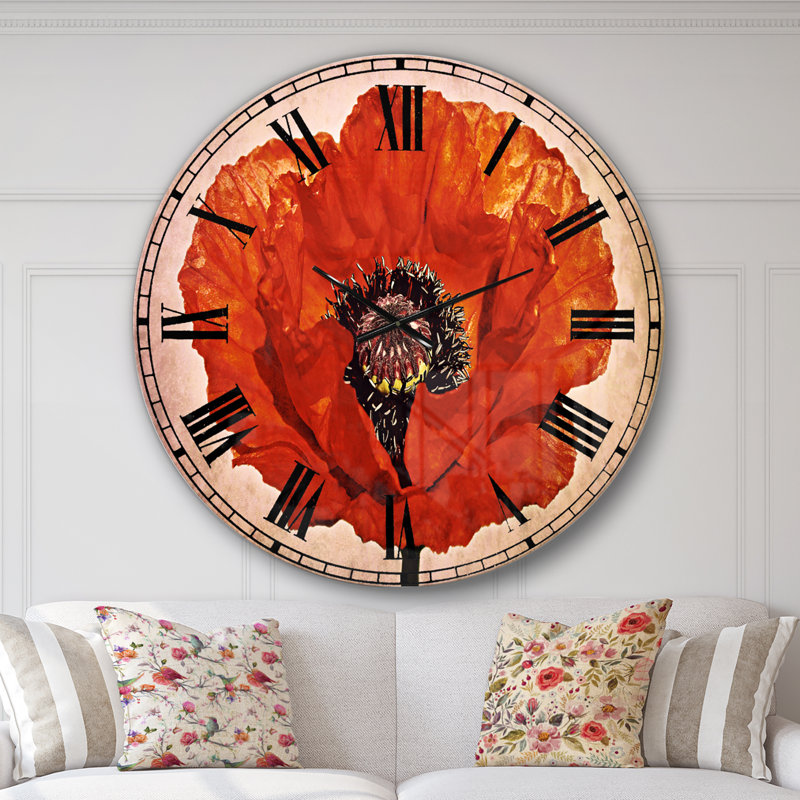 East Urban Home Red Poppy Blossom Close Up - Traditional wall clock ...