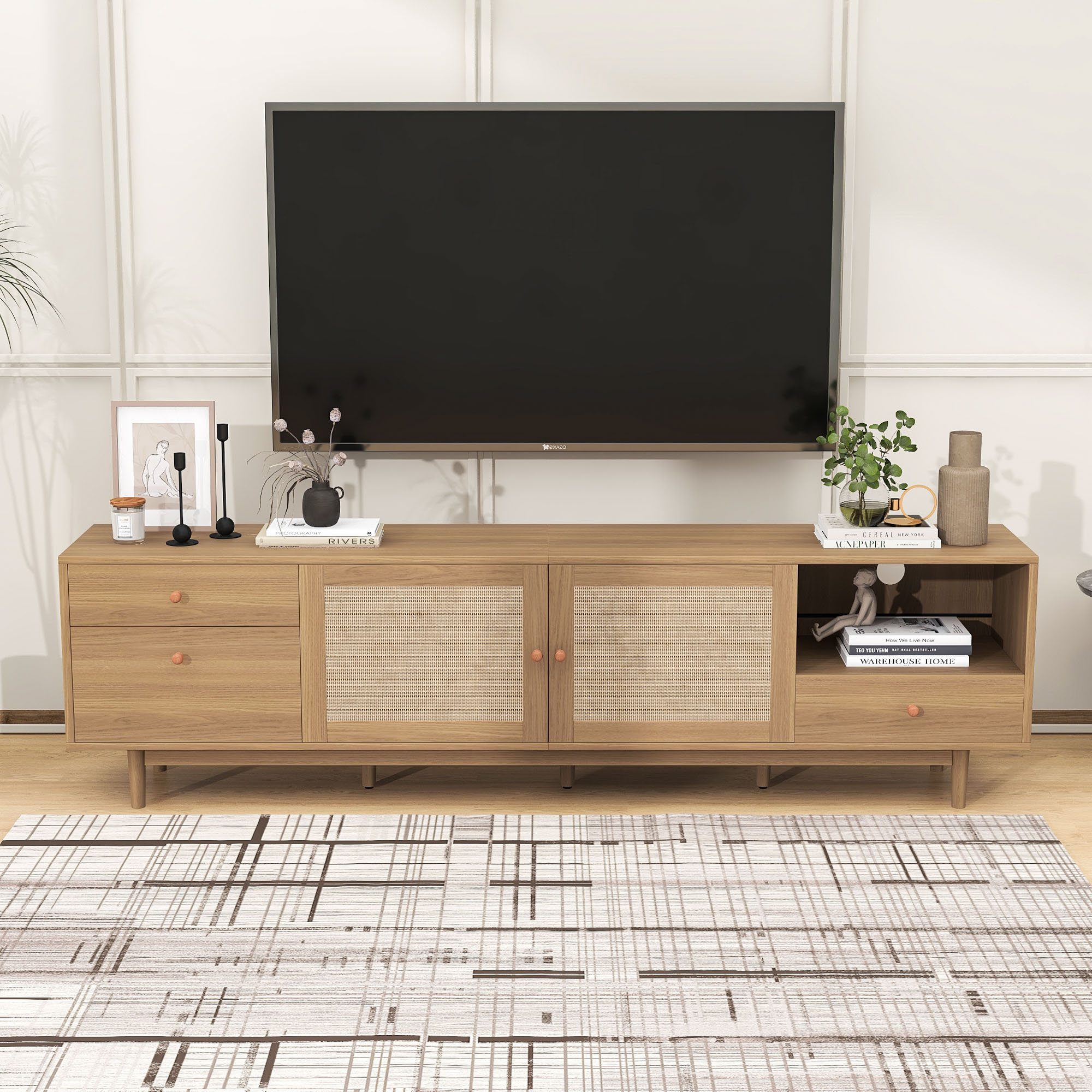 Winston Porter Modern Boho TV Console with Real Rattan Weave | Wayfair