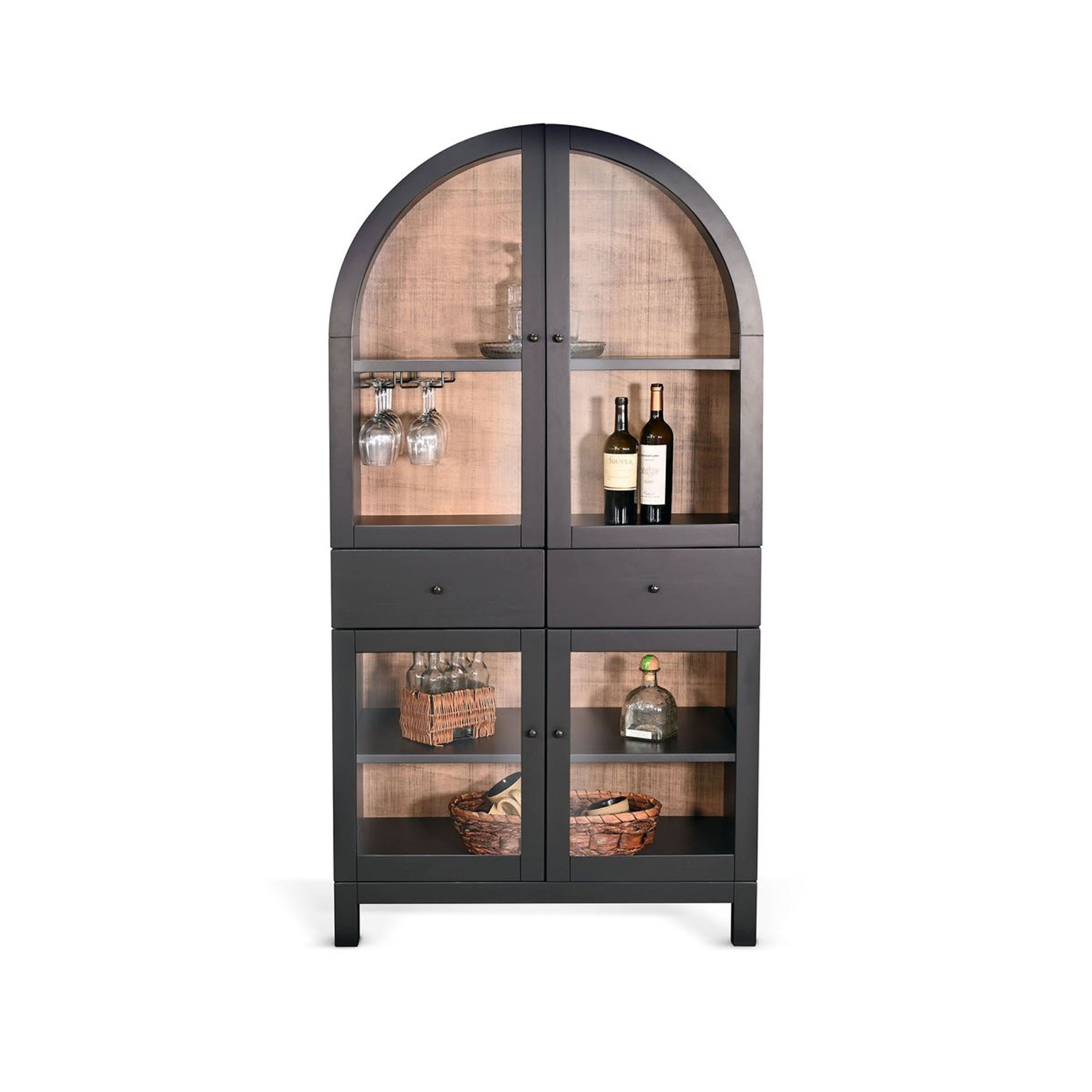Benjara Ric Arched Wine Bar Cabinet, 2 Drawers W 4 Glass Door Shelves ...