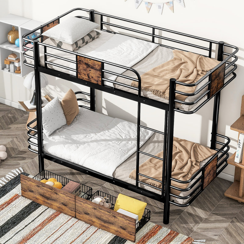 Latitude Run® Metal Twin Xl Over Bunk Bed With 2 Drawers & Board ...