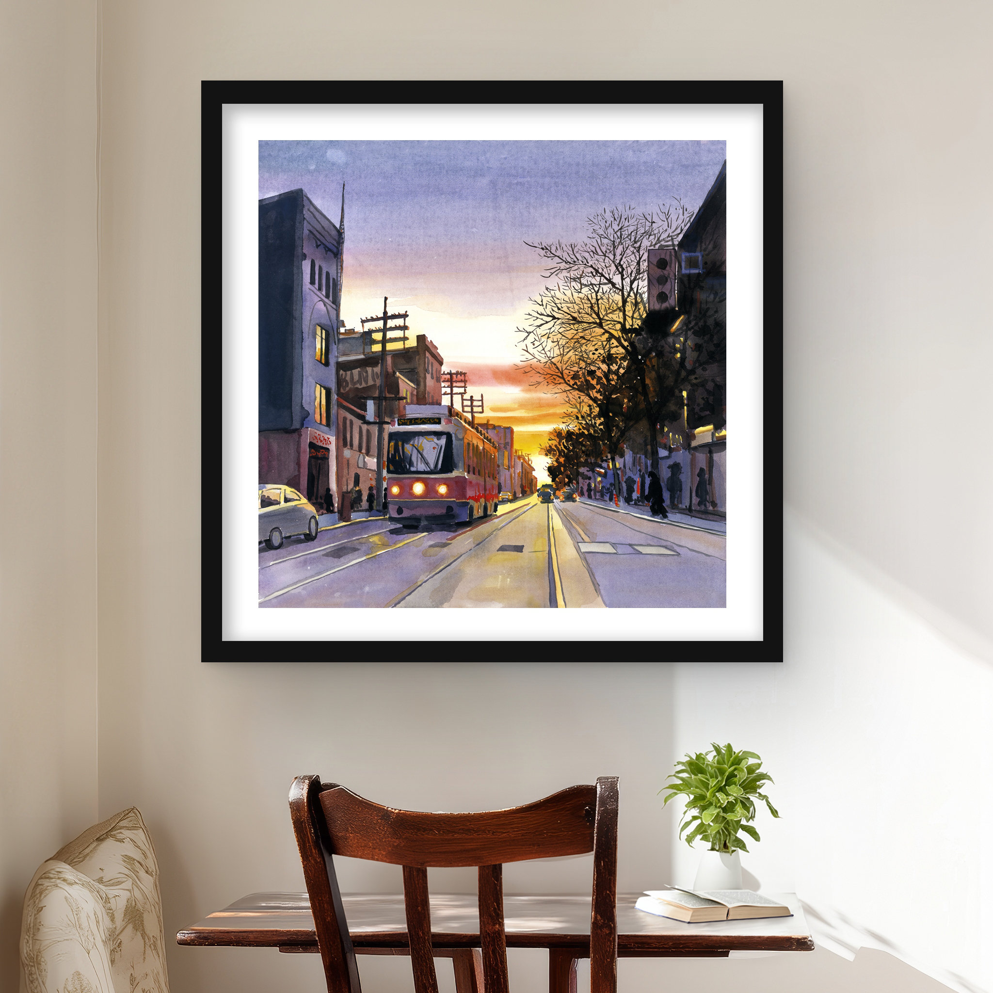 Lark Manor™ Sunset Streetscape to Toronto - Car Blue Framed Print | Wayfair